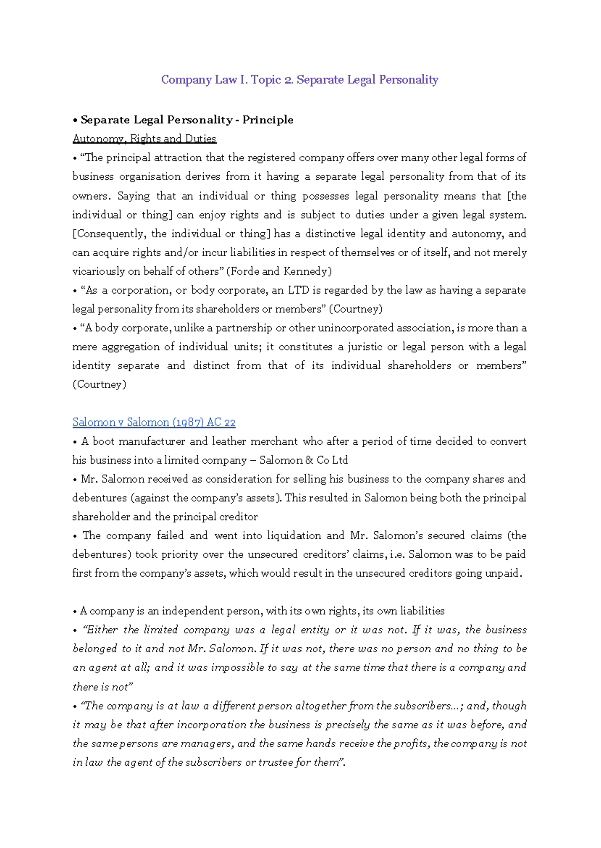 Company Law I: Separate Legal Personality and Its Implications - Studocu