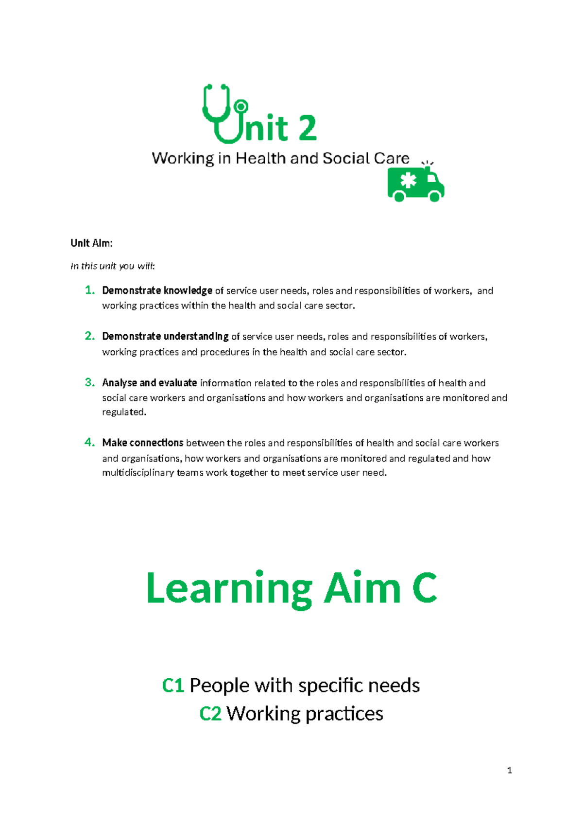 Unit 2 LAC Booklet: Understanding Roles in Health & Social Care - Studocu