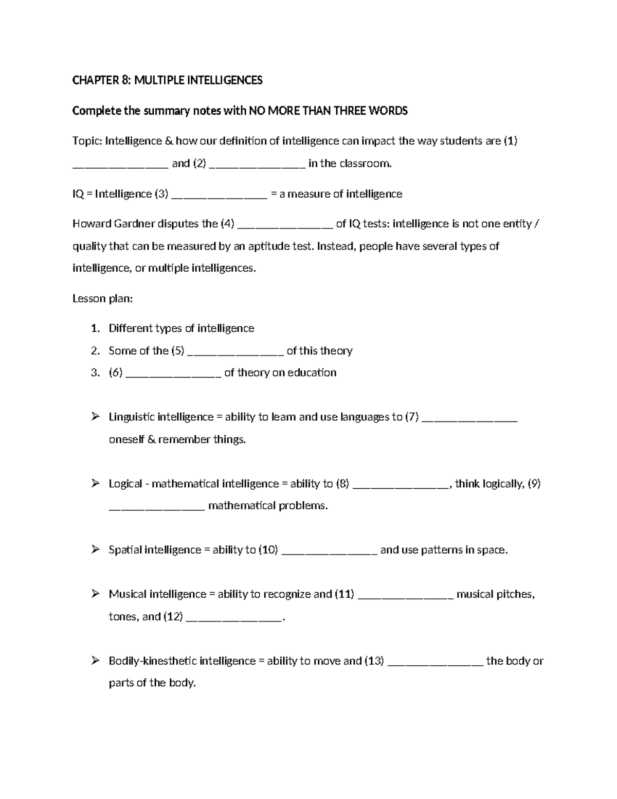 Chapter 8 Notes - CHAPTER 8: MULTIPLE INTELLIGENCES Complete the ...
