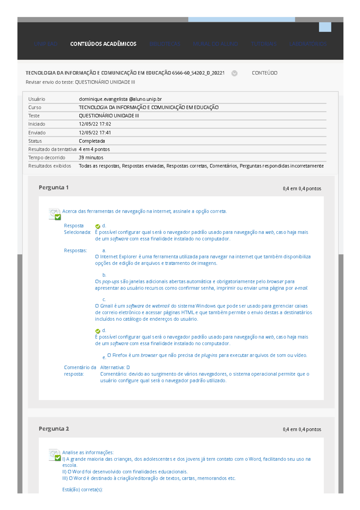 Revisão do Teste: Questionário Unidade III - TIC Educação 6566-60 - Studocu