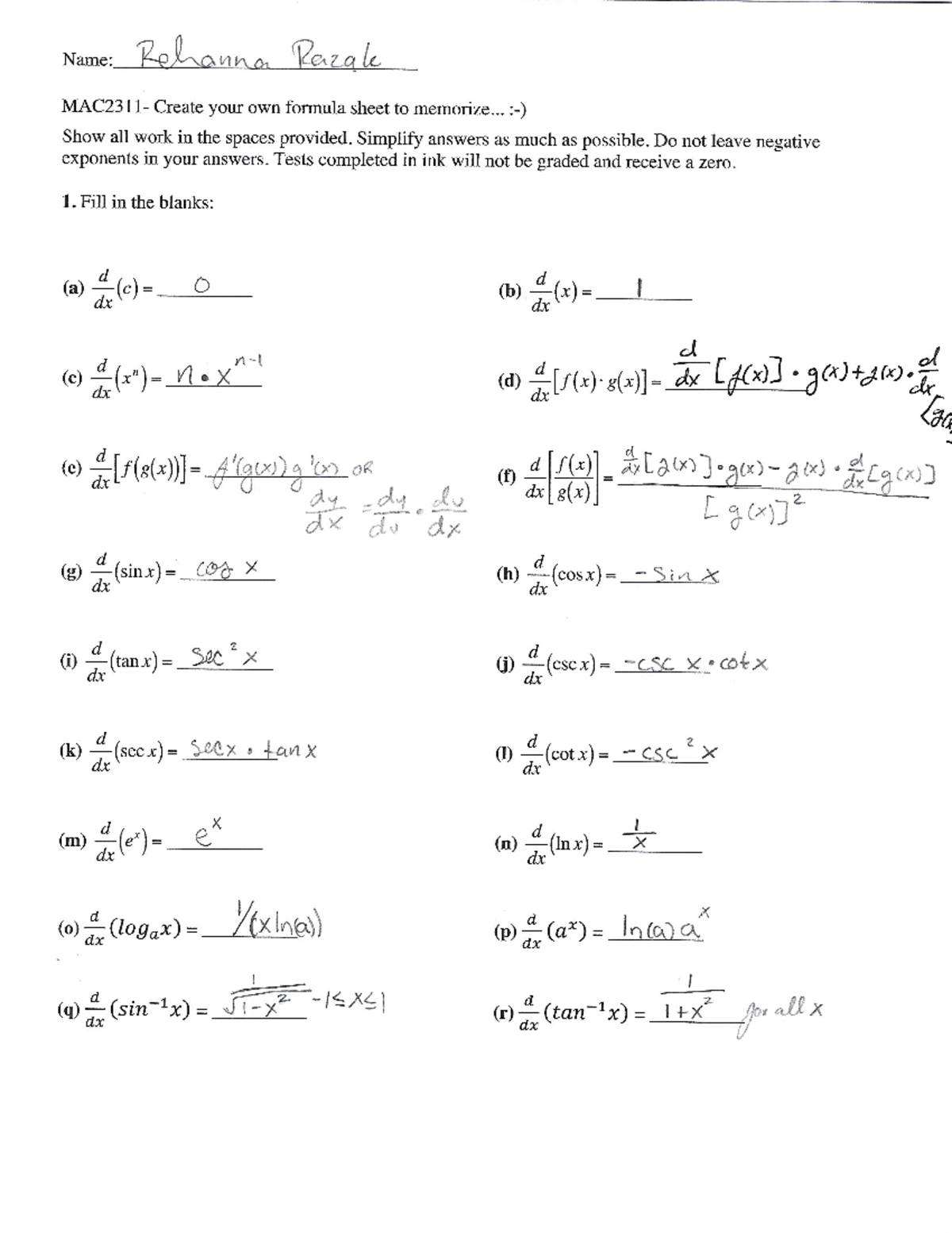 Algebra and Trig Review and Derivative - Name: Rehanna Razale Create ...