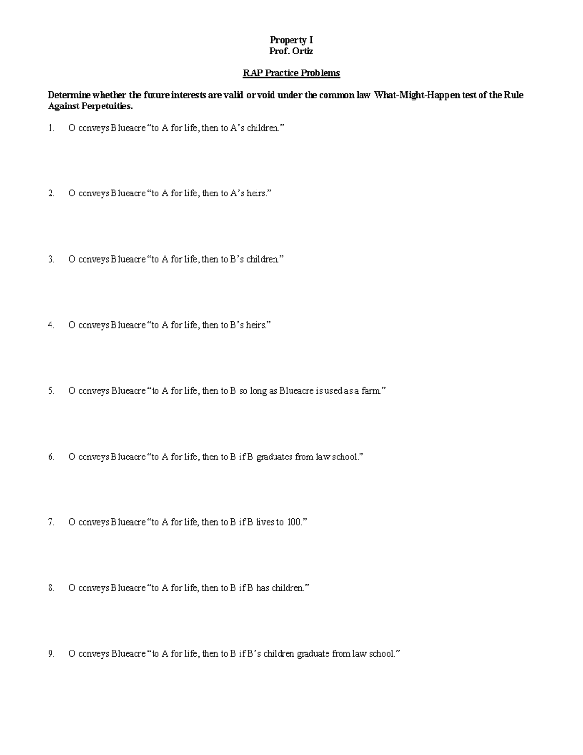 Property I RAP Practice Problems for Validity Under Common Law - Studocu