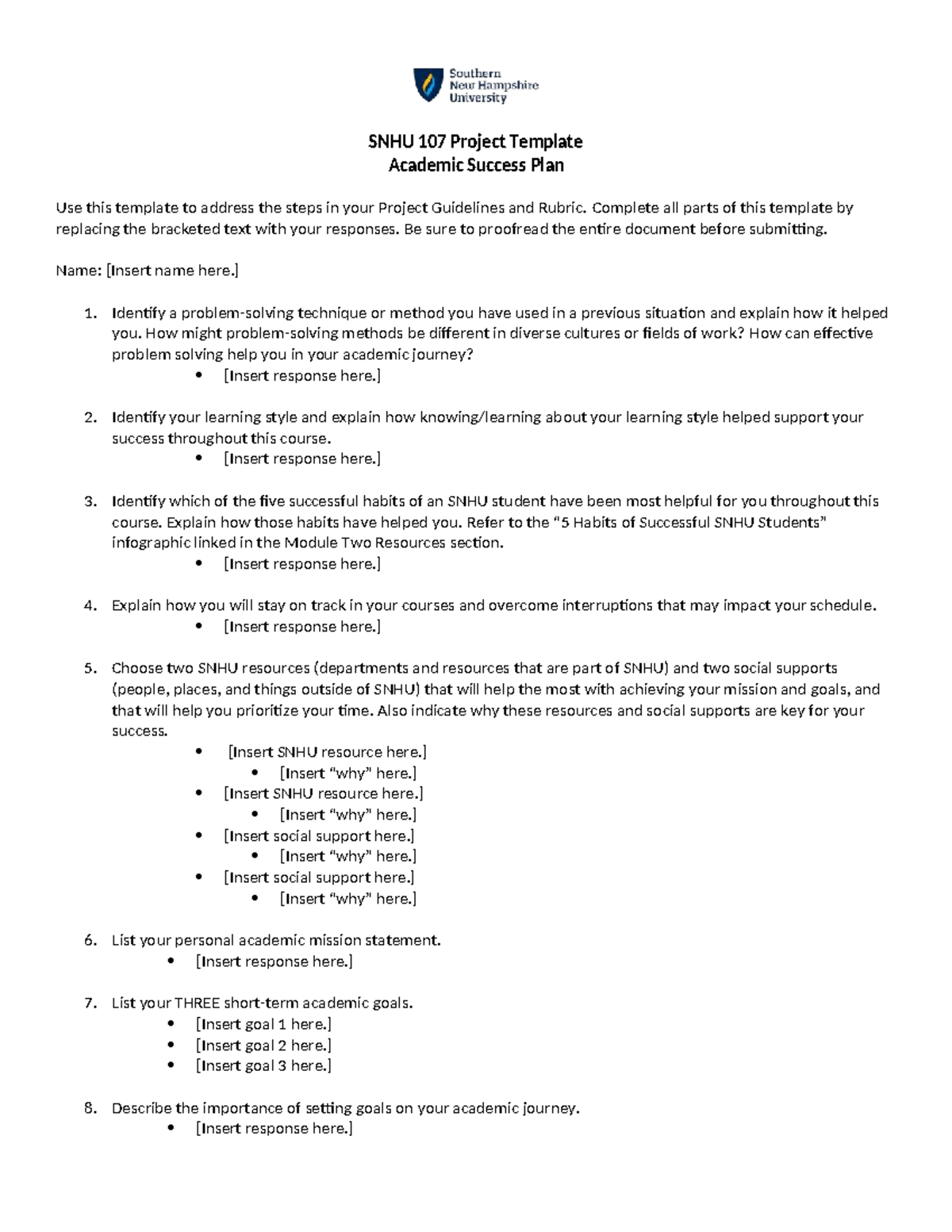 SNHU 107 Academic Success Plan Project Template Guide - Studocu