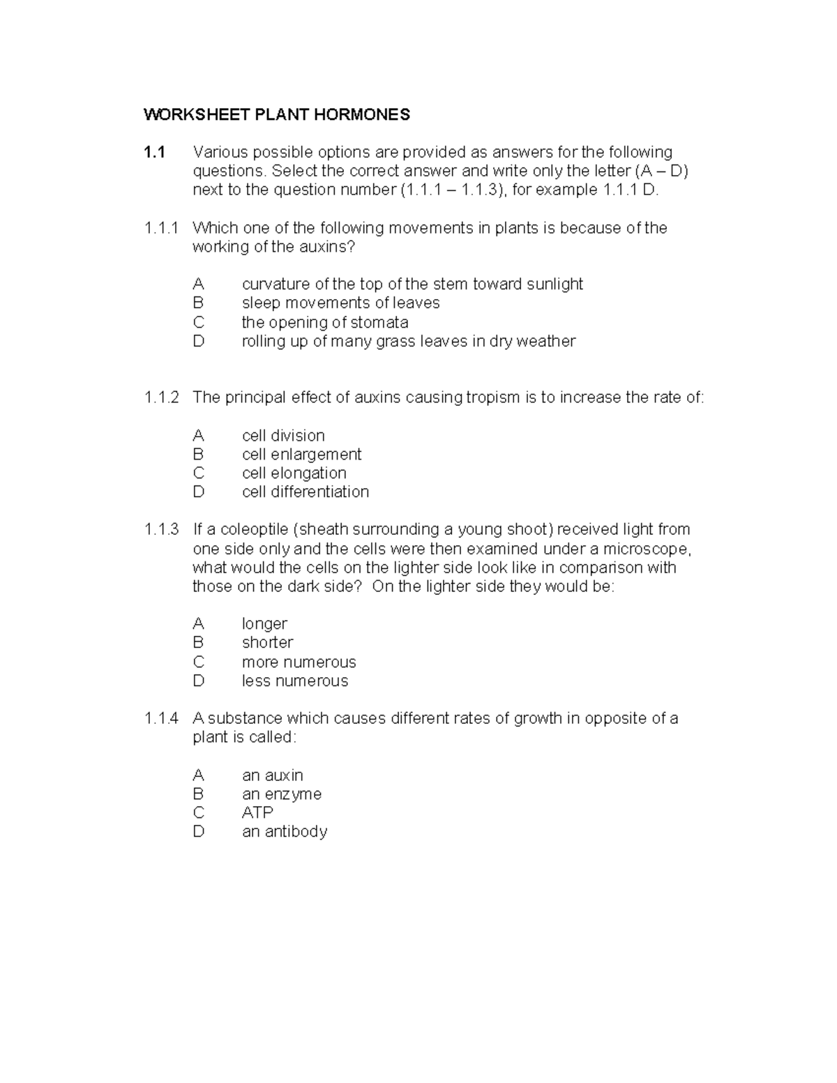 Plant Hormones Worksheet: Answer Key & Study Guide (1.1 - 1.6) - Studocu