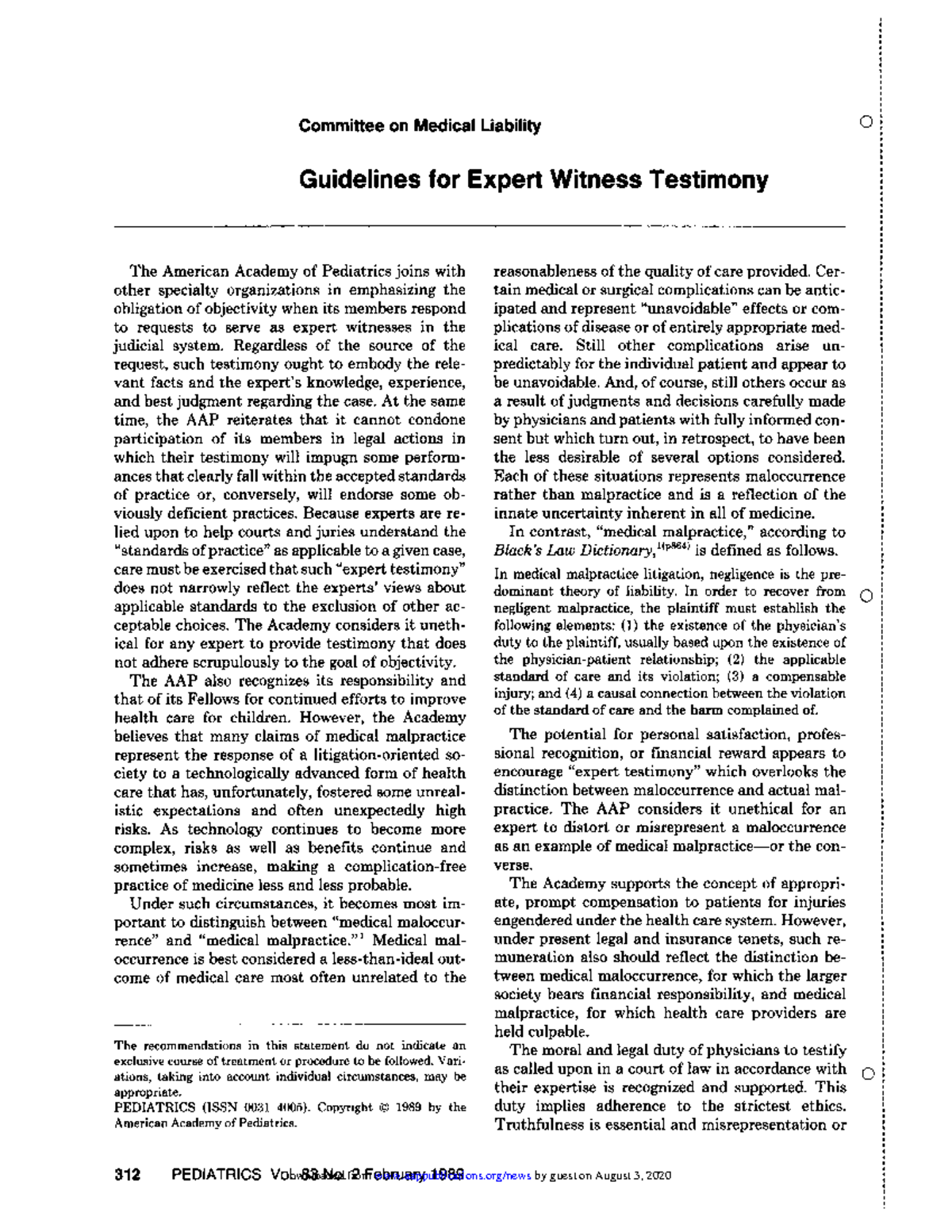 Guidelines for Expert Witness Testimony in Medical Malpractice Cases ...