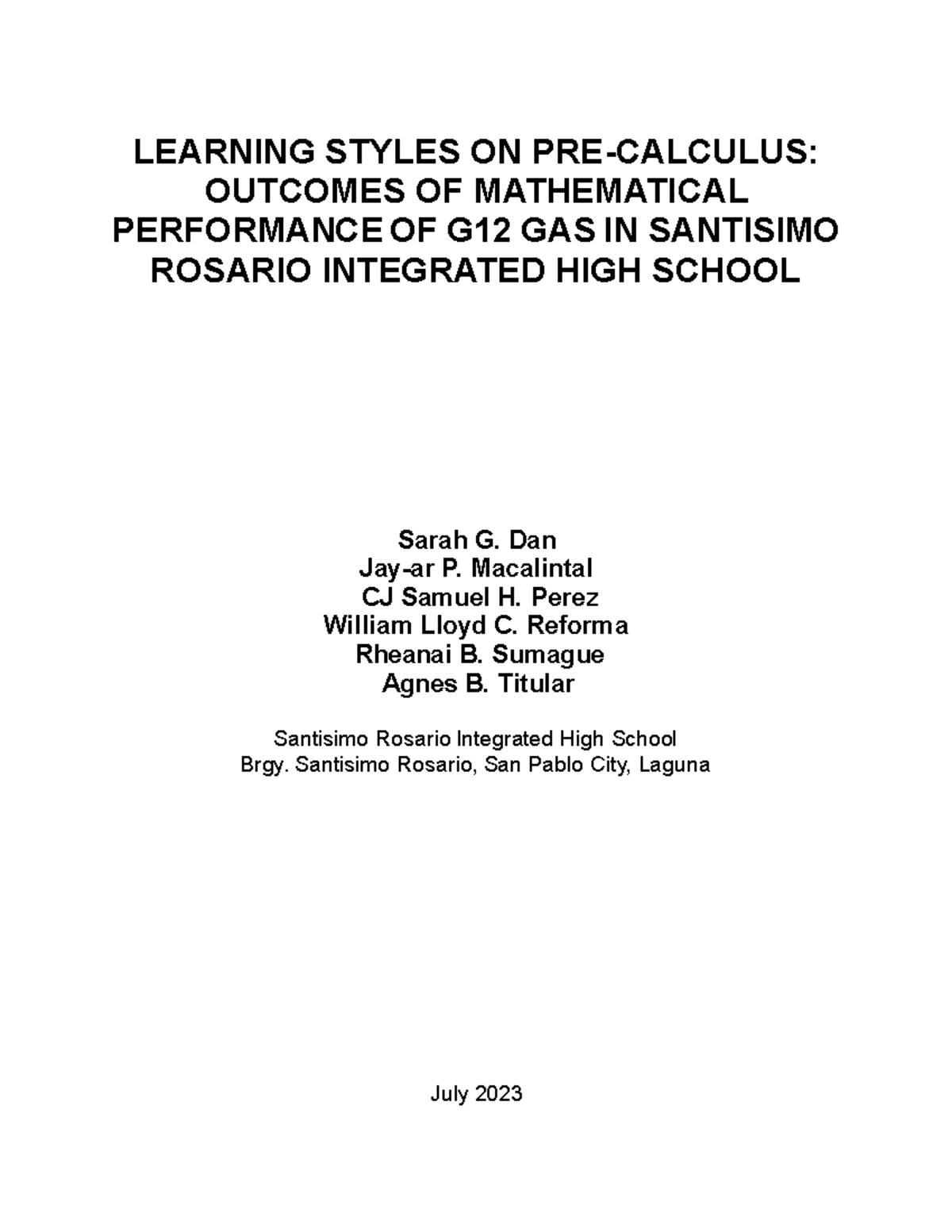 Research Paper_Grade 12 GAS - LEARNING STYLES ON PRE-CALCULUS: OUTCOMES ...