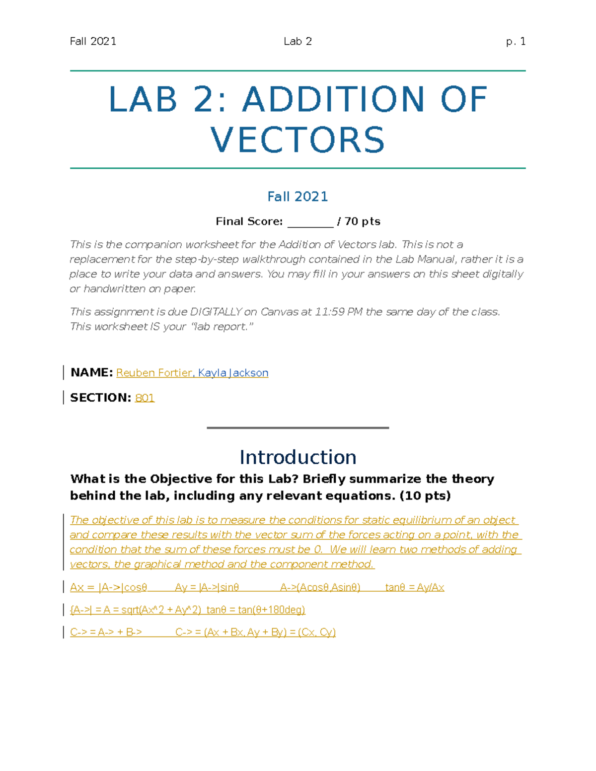 Lab 2: Addition of Vectors - Worksheet & Data Analysis (Fall 2021 ...