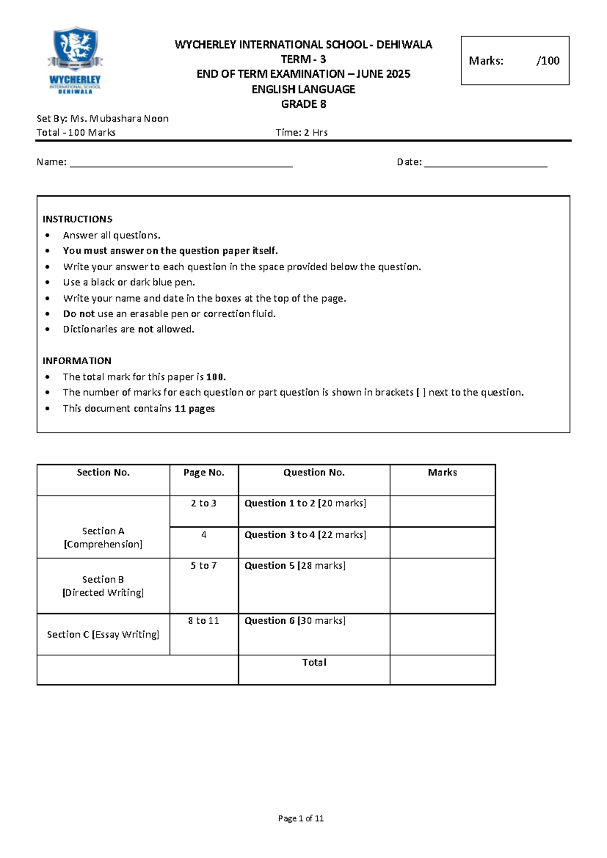 Grade 8 English Language T3 End of Term Exam June 2025 - Studocu