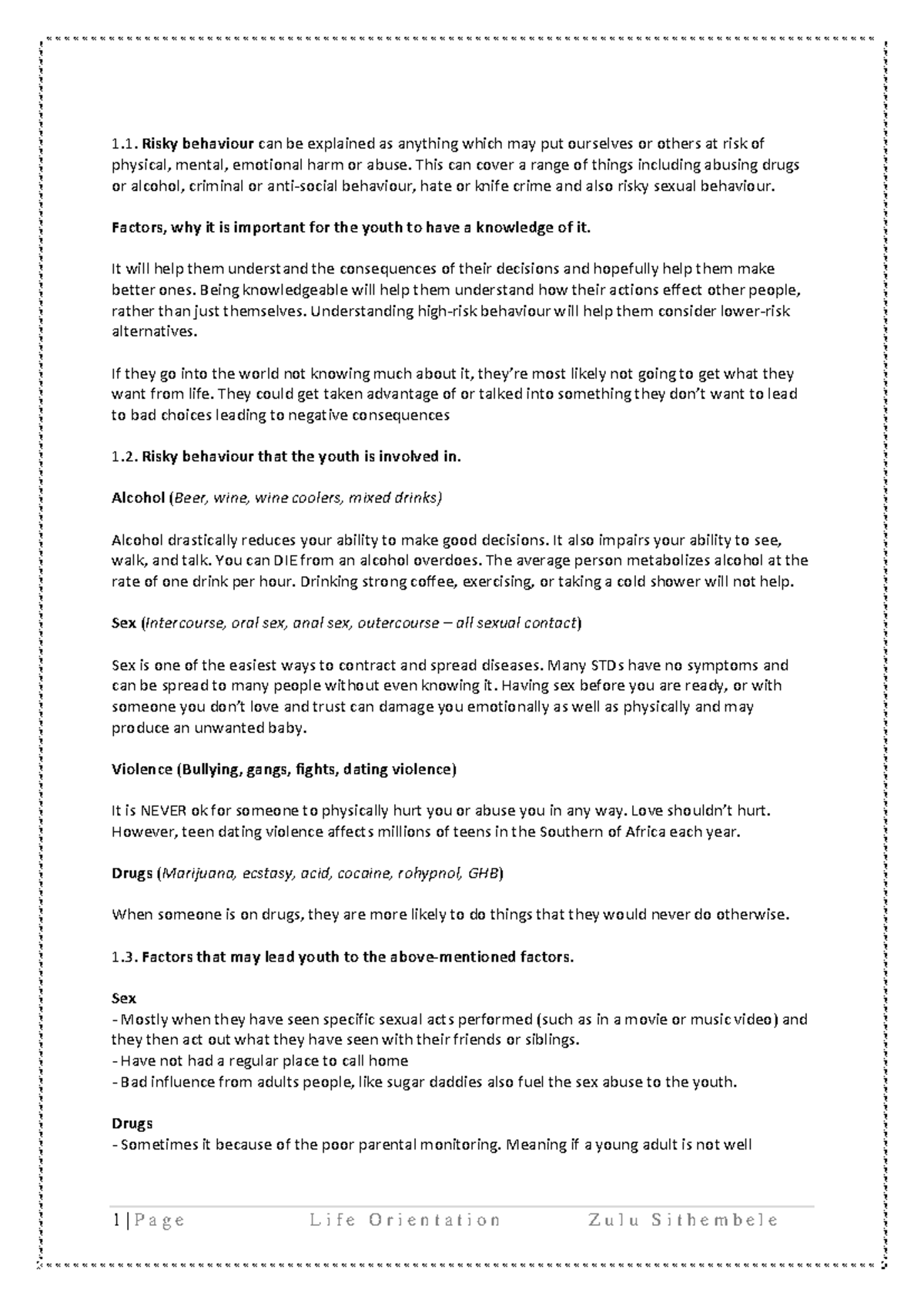 Grade 11 LO Final Exam Notes on Risky Behaviors - Studocu