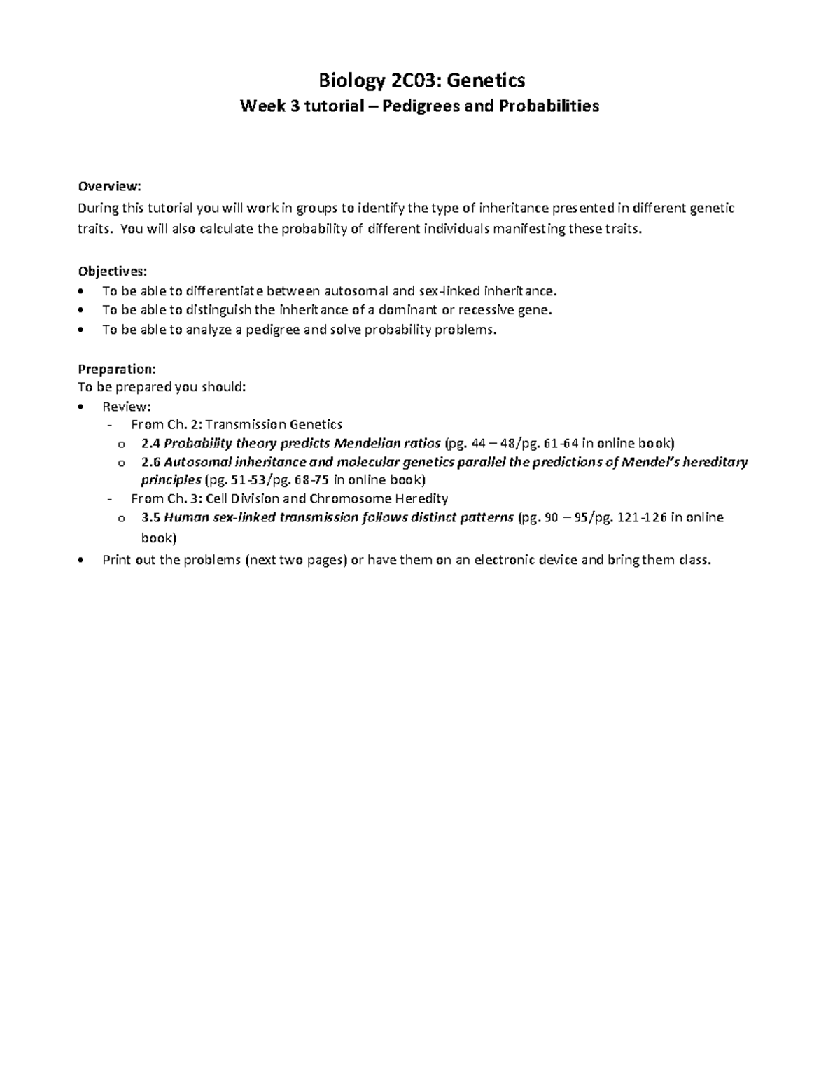 Week 3 tutorial guide - Pedigrees and probabilities - Biology 2C03 ...