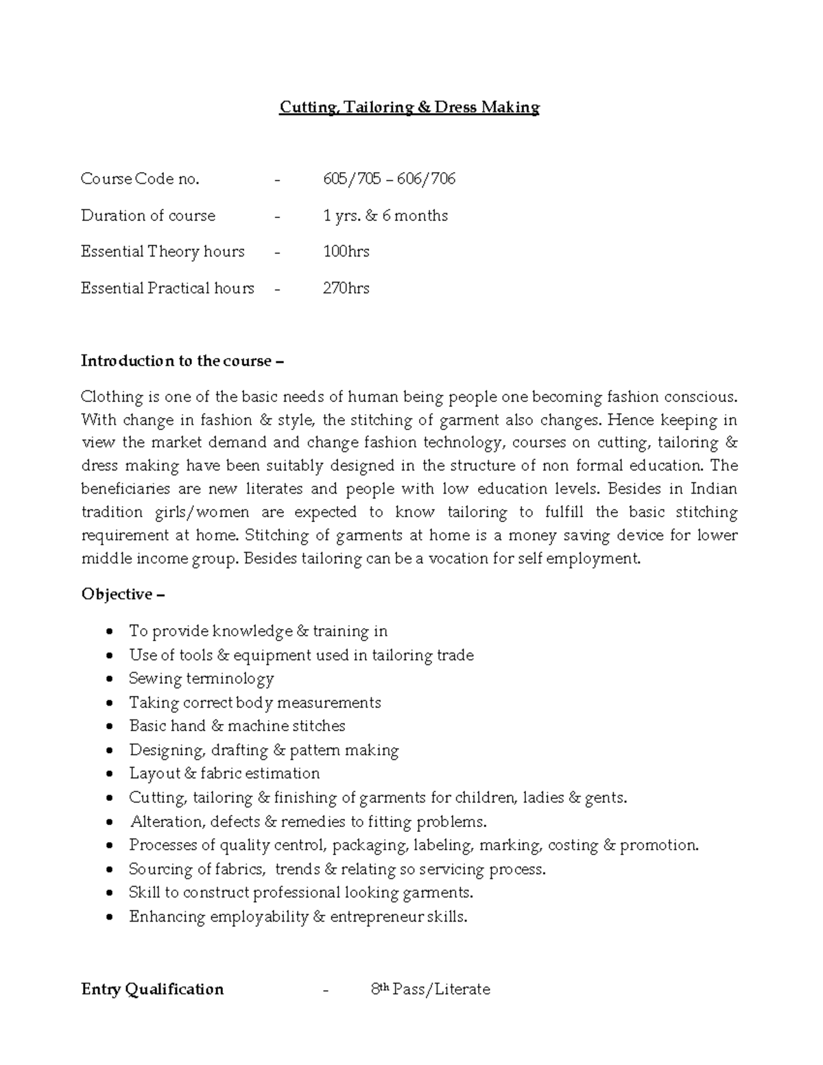 Cutting & Tailoring Course Overview (Code: 606 & 706) - 1.5 Years - Studocu