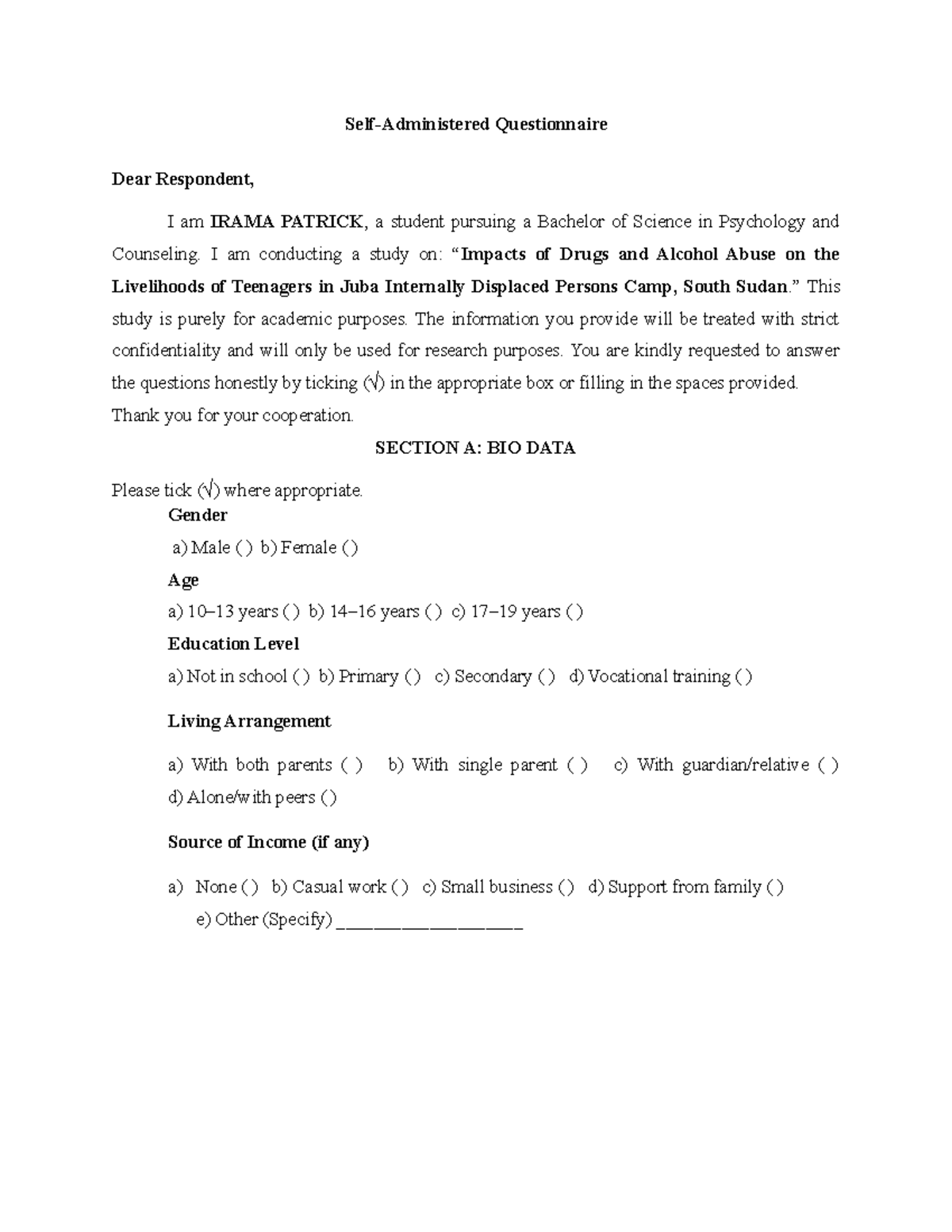 BSC PSY 101: Questionnaire on Drug and Alcohol Abuse Among Teenagers ...