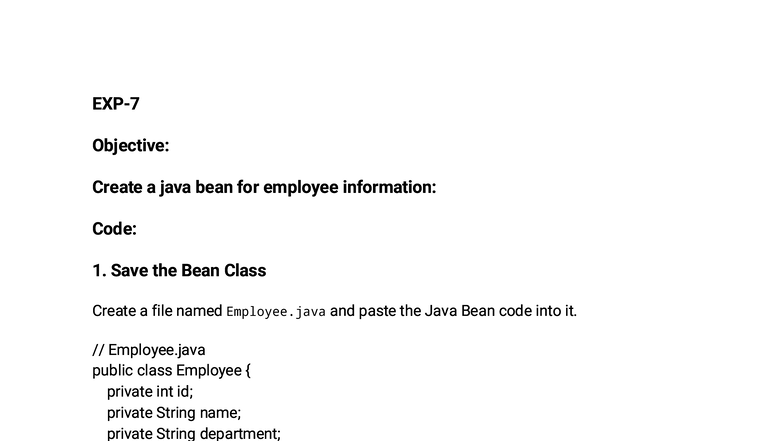 Java Bean Implementation for Employee Info - Code: 1 - Studocu