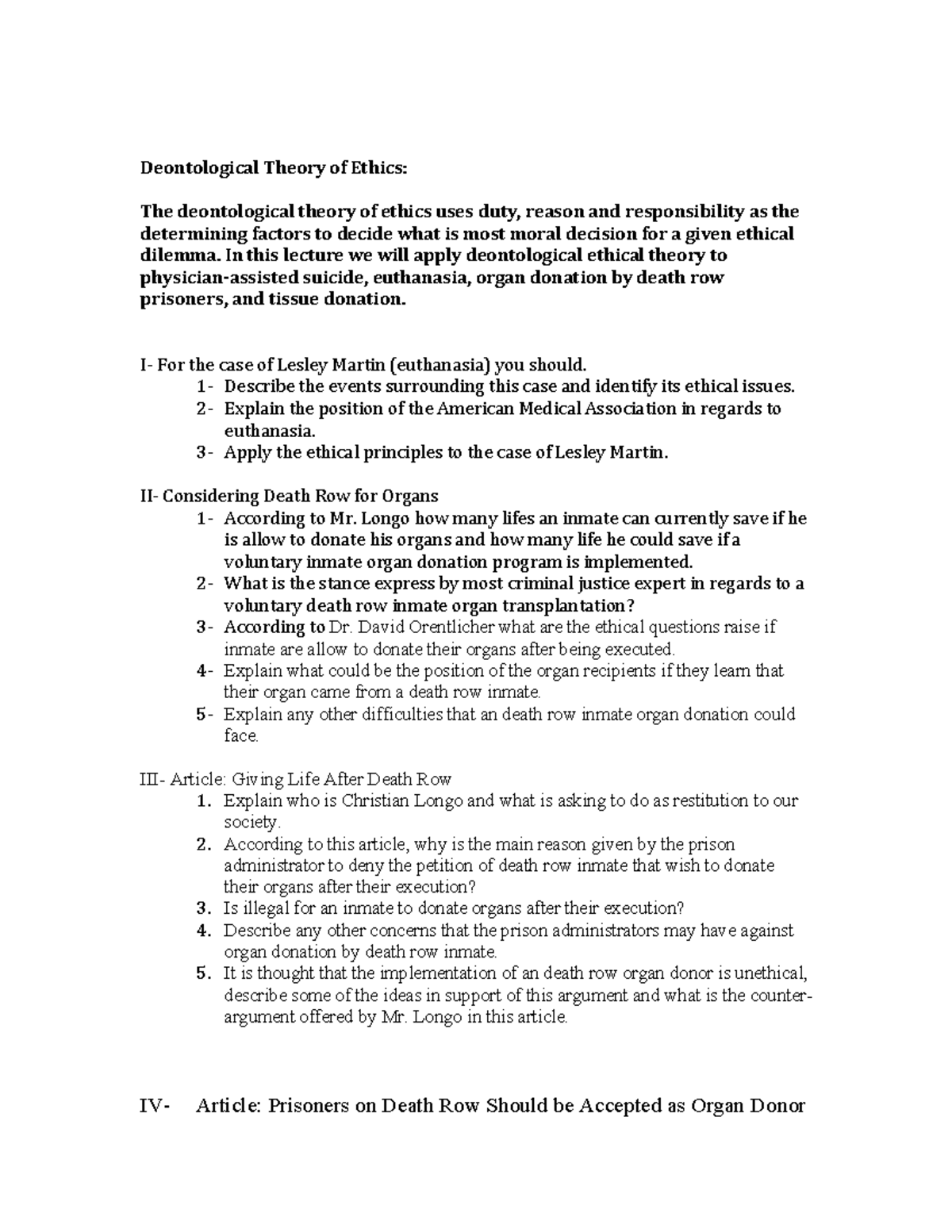 Deontological Ethics: Duties on Euthanasia & Organ Donation Issues (ETH 101) - Studocu