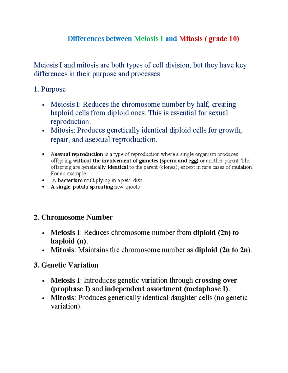 Differences Between Meiosis I and Mitosis (Grade 10) - Studocu