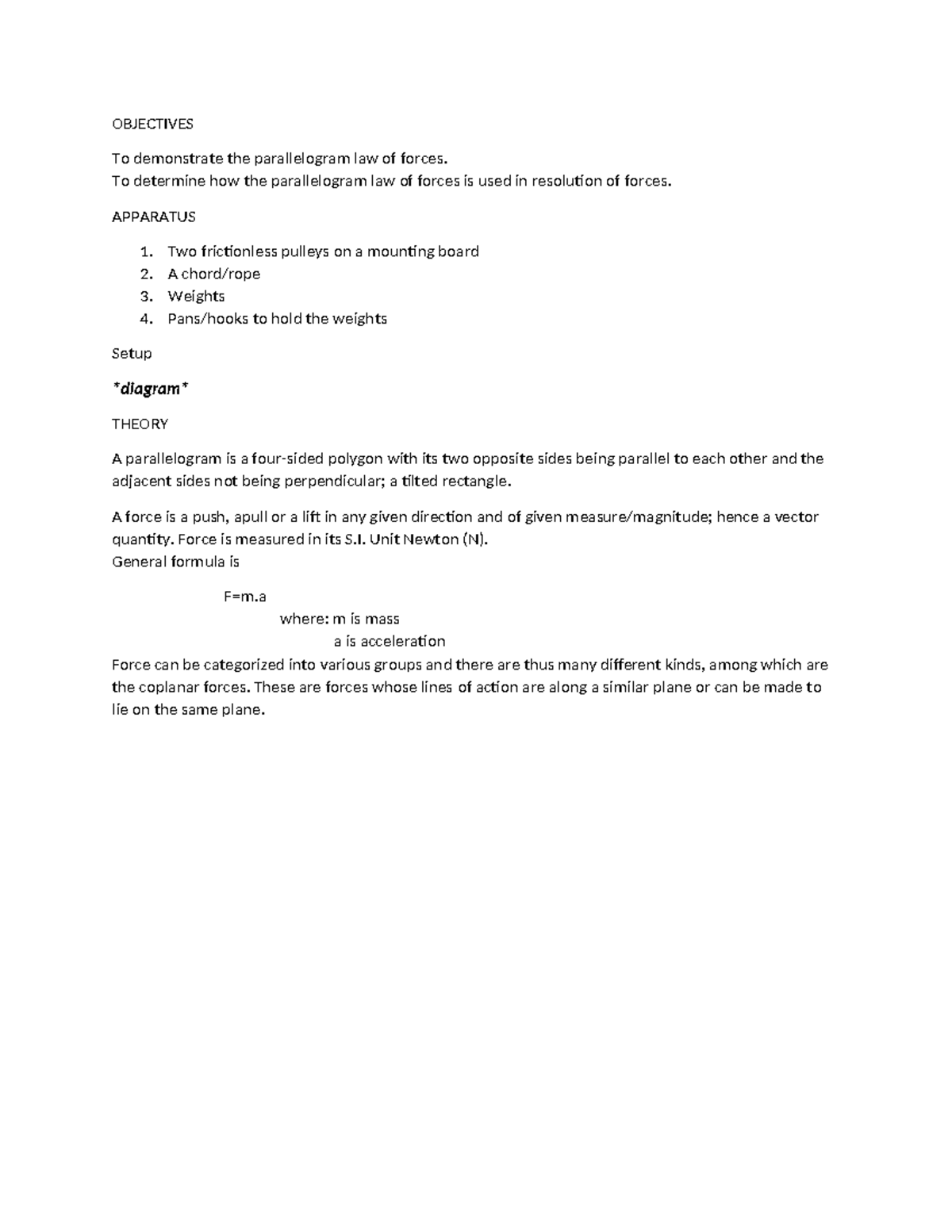 Parallelogram Law of Forces - Objectives and Theory - Studocu