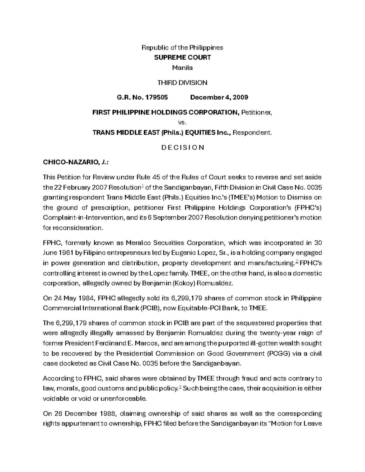 First Philippine Holdings Corp. vs. Trans Middle East: Legal Review G.R ...