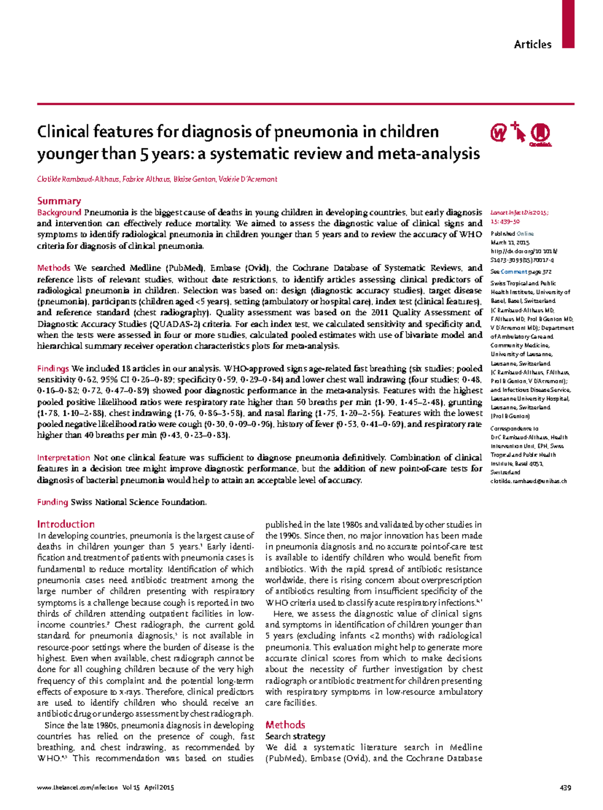 Clinical Features for Diagnosing Pneumonia in Children