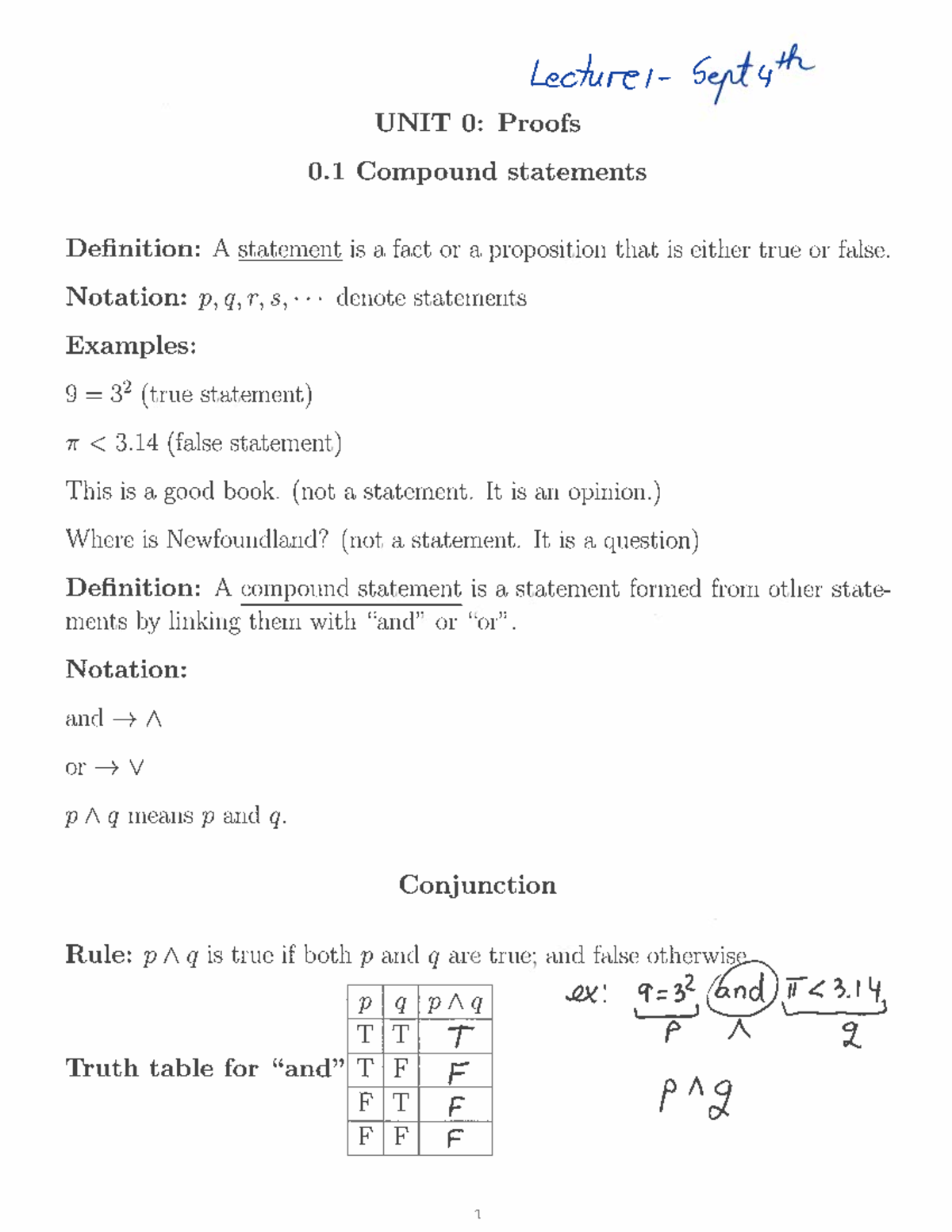 Lecture 1 (Sept 4) - Understanding Compound Statements and Proofs - Studocu