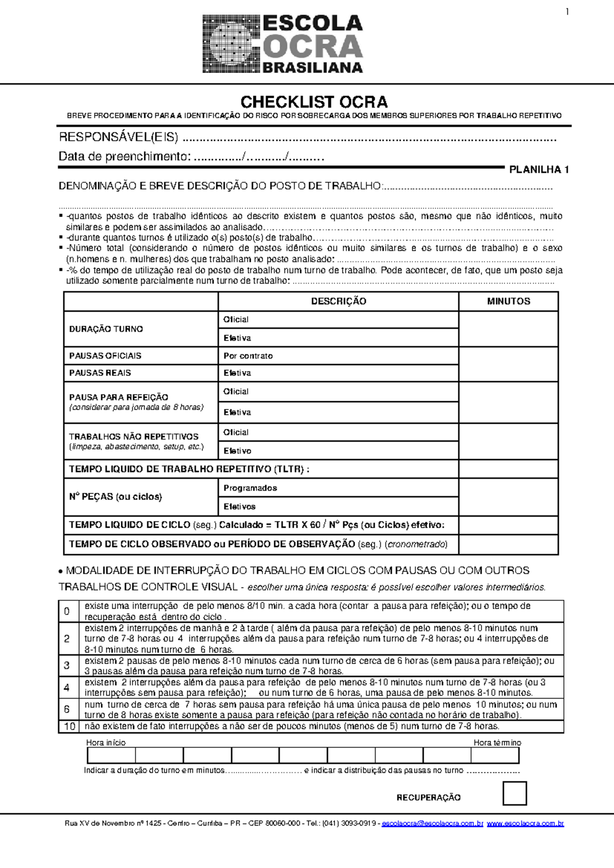 Checklist OCRA: Identificação de Risco em Trabalho Repetitivo - Studocu