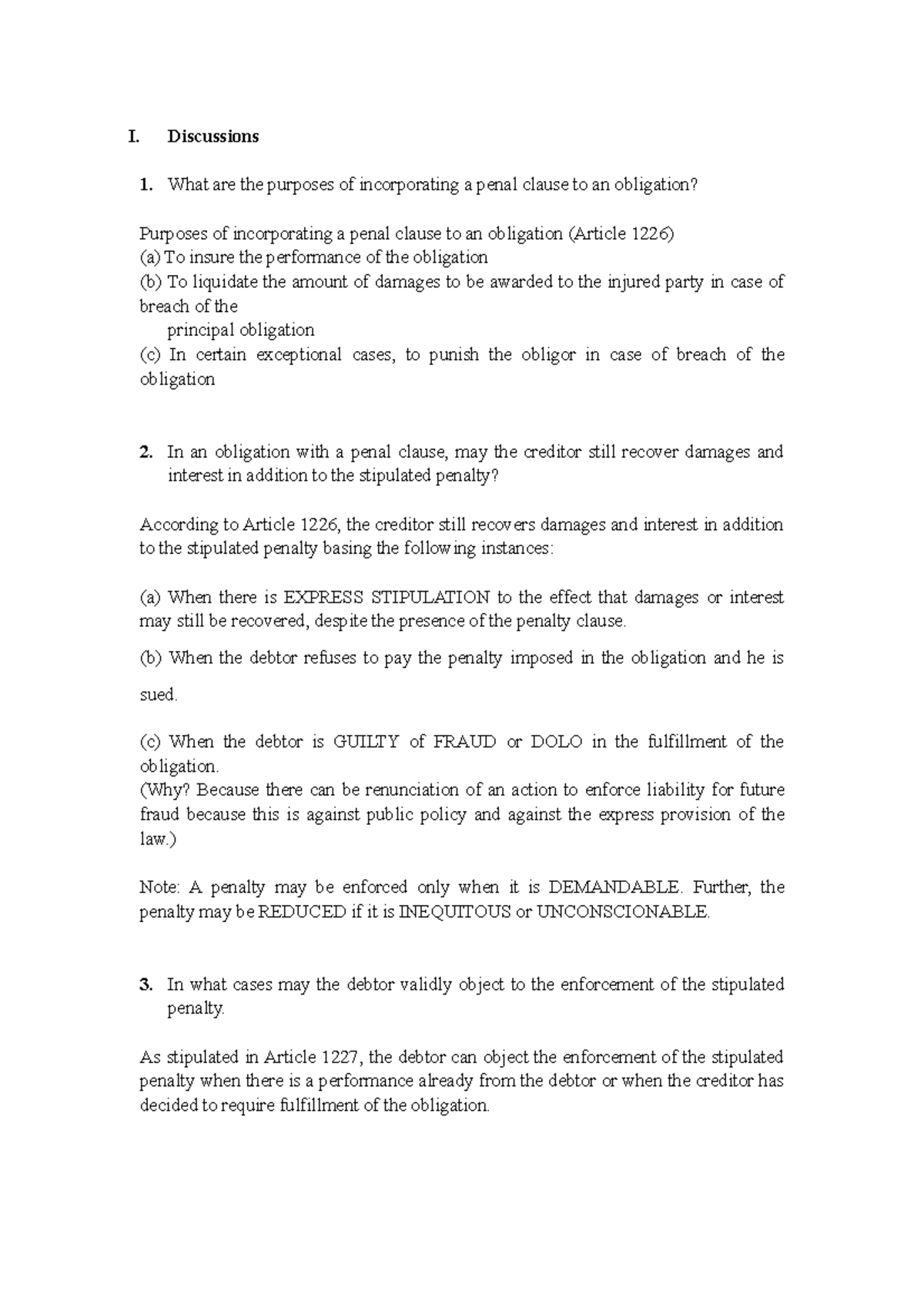 Study Guide: Penal Clause Discussions for Law 101 - Studocu