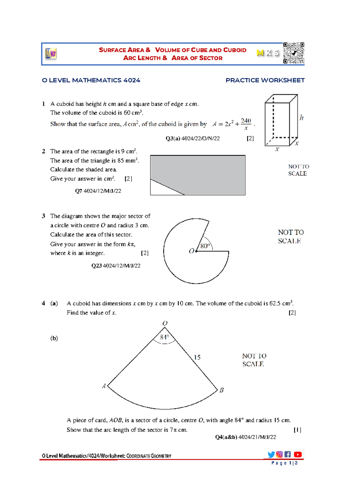 O LEVEL MATH 4024 Practice Worksheet: Cube, Cuboid, Arc, Sector - Studocu