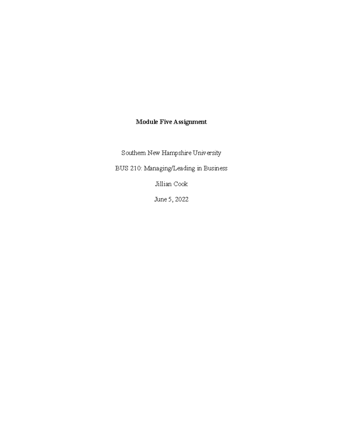 BUS 210 Module Five Assignment - Module Five Assignment Southern New ...