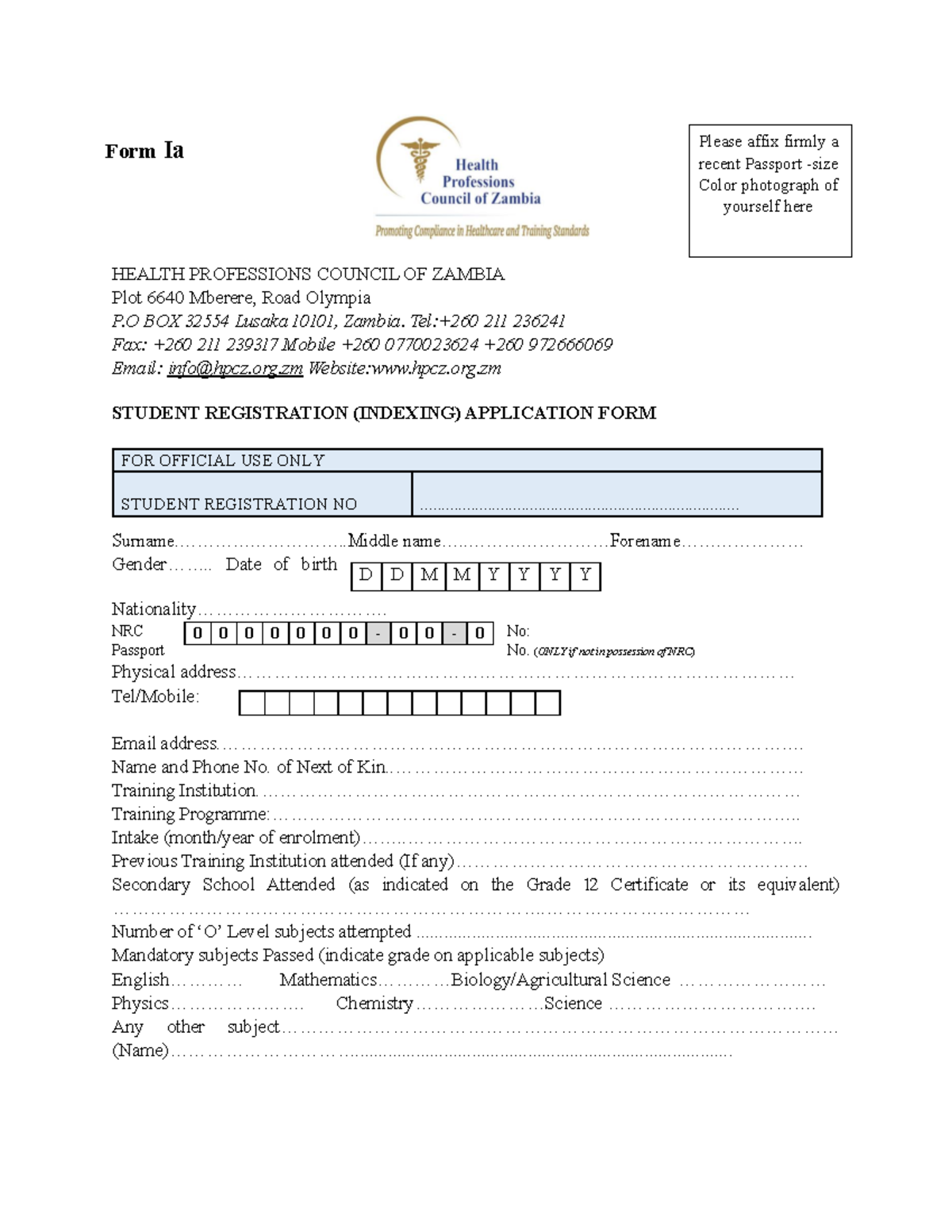 Student Registration (Indexing) Form - Health Professions Council of Zambia - Studocu