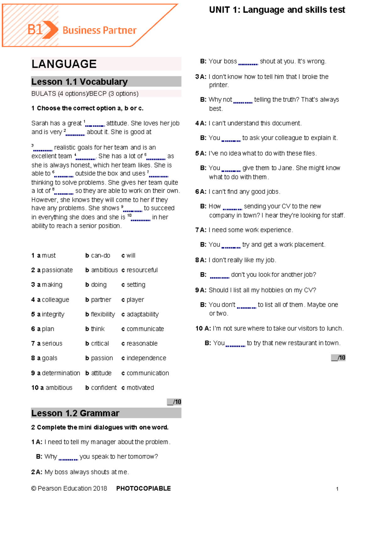 BP B1 Tests Unit1 - LANGUAGE Lesson 1 Vocabulary BULATS (4 options ...