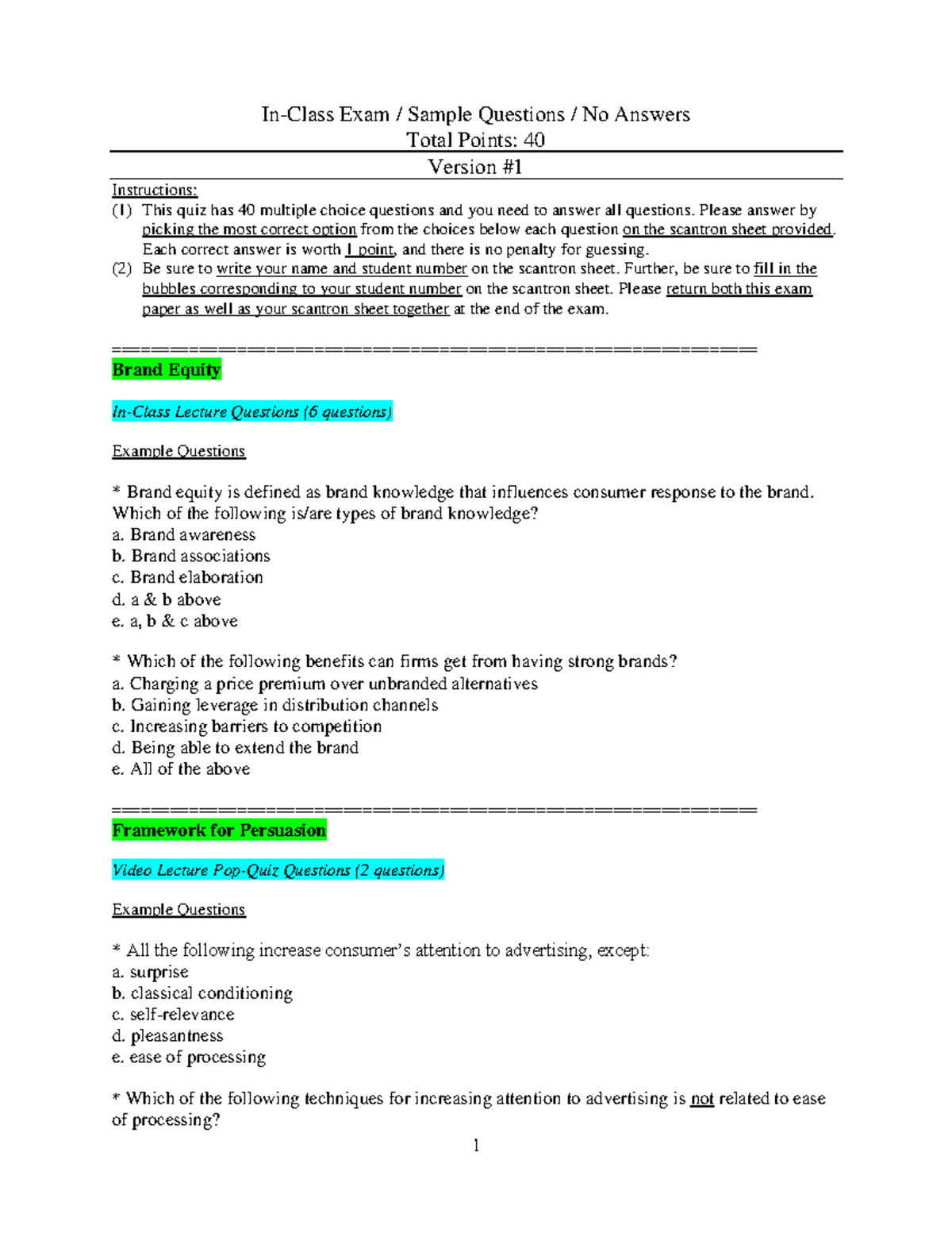 In-Class Exam Sample Questions for Brand Equity & Persuasion - Studocu