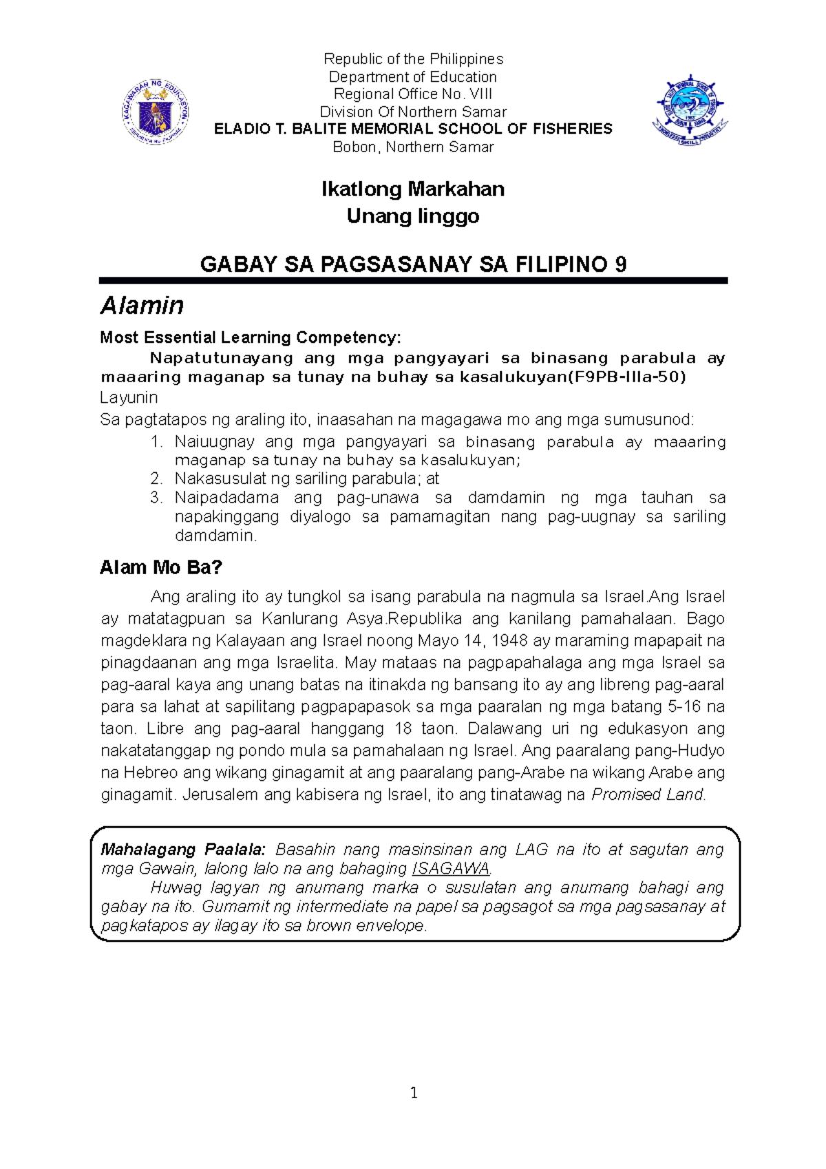 Filipino 9 LAG - Week 1 - Understanding the Parable of the Prodigal Son ...