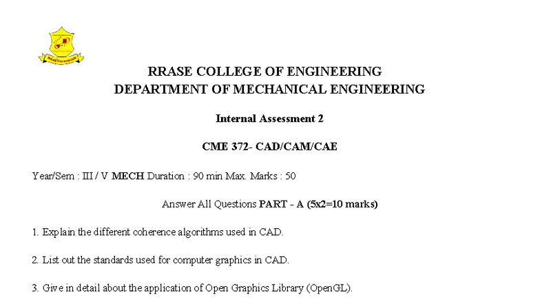 CME 372 - Internal Assessment 2: CAD CAM CAE Concepts and Applications ...