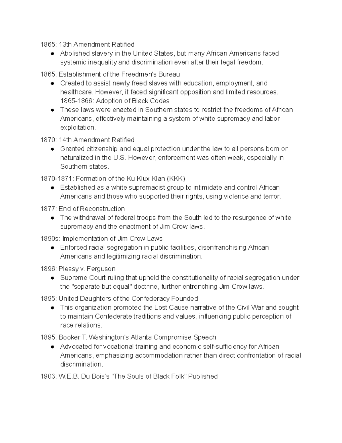 1865-1903: Timeline of African American Rights & Challenges - Studocu