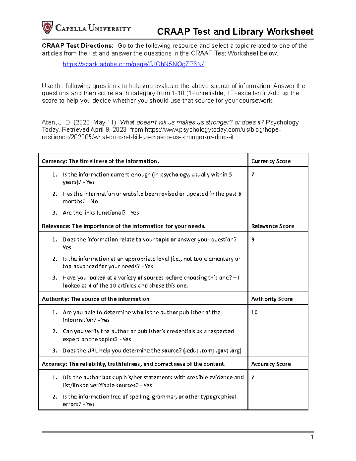PSYC-FPX3002 Assessment 2: CRAAP Test Directions & Evaluation Worksheet ...