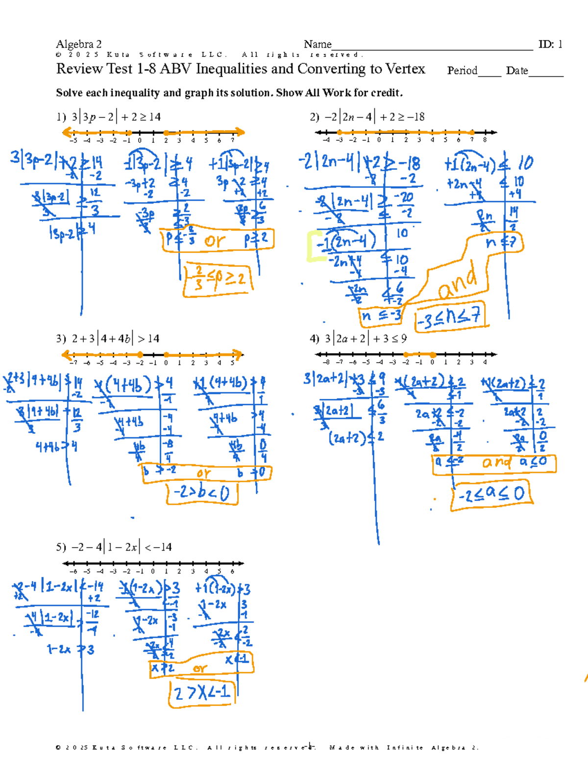 Review Test 1-8: ABV Inequalities & Vertex Form - Algebra 2 - Studocu