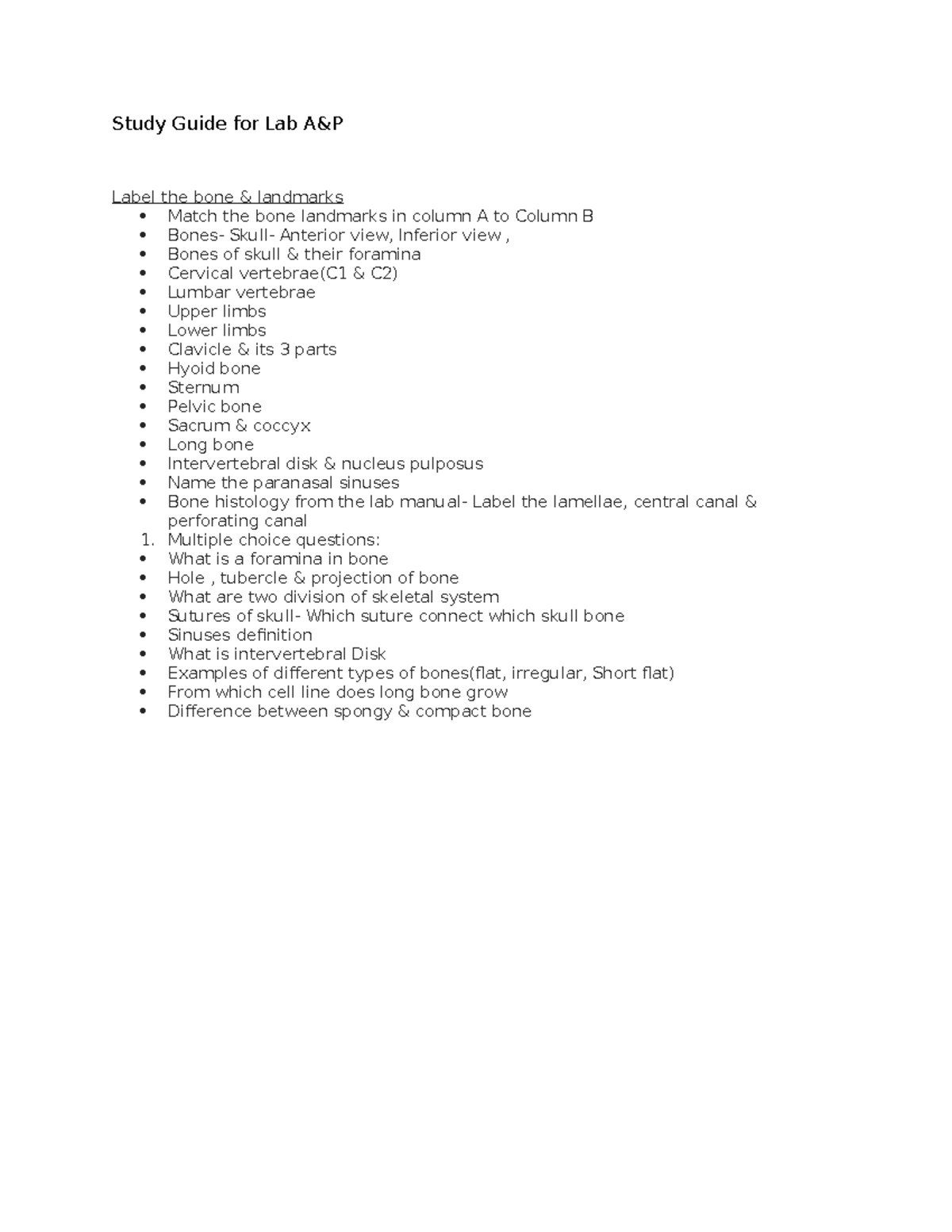 A&P Lab Study Guide: Bone Landmarks & Histology Concepts - Studocu