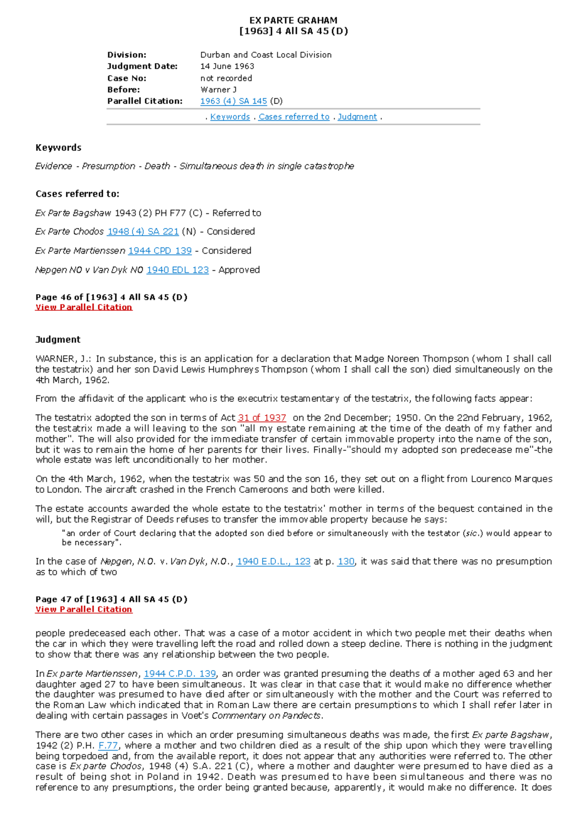 Ex Parte Graham: Simultaneous Deaths Case Analysis [1963] 4 All SA 45 ...