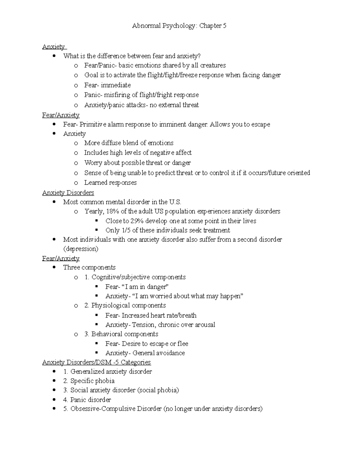 Abnormal Psychology: Summary of Anxiety Disorders - Chapter 5 - Studocu