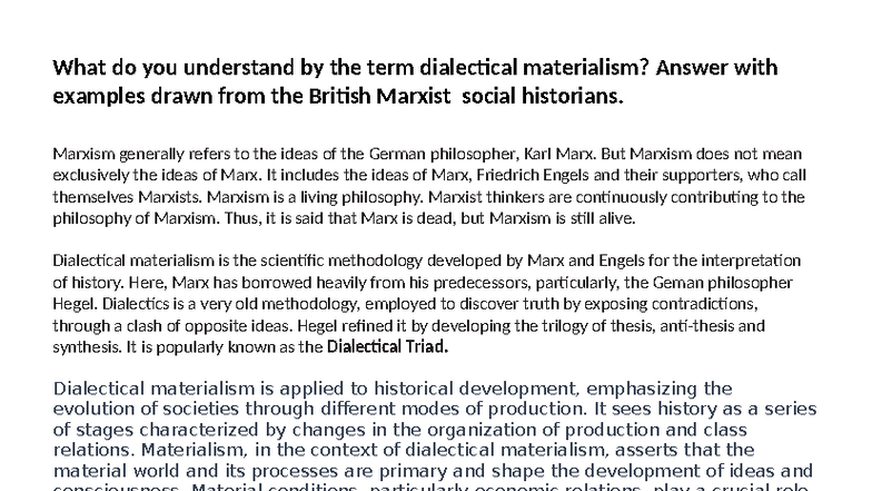 Dialectical Materialism: Insights from British Marxist Historians - Studocu