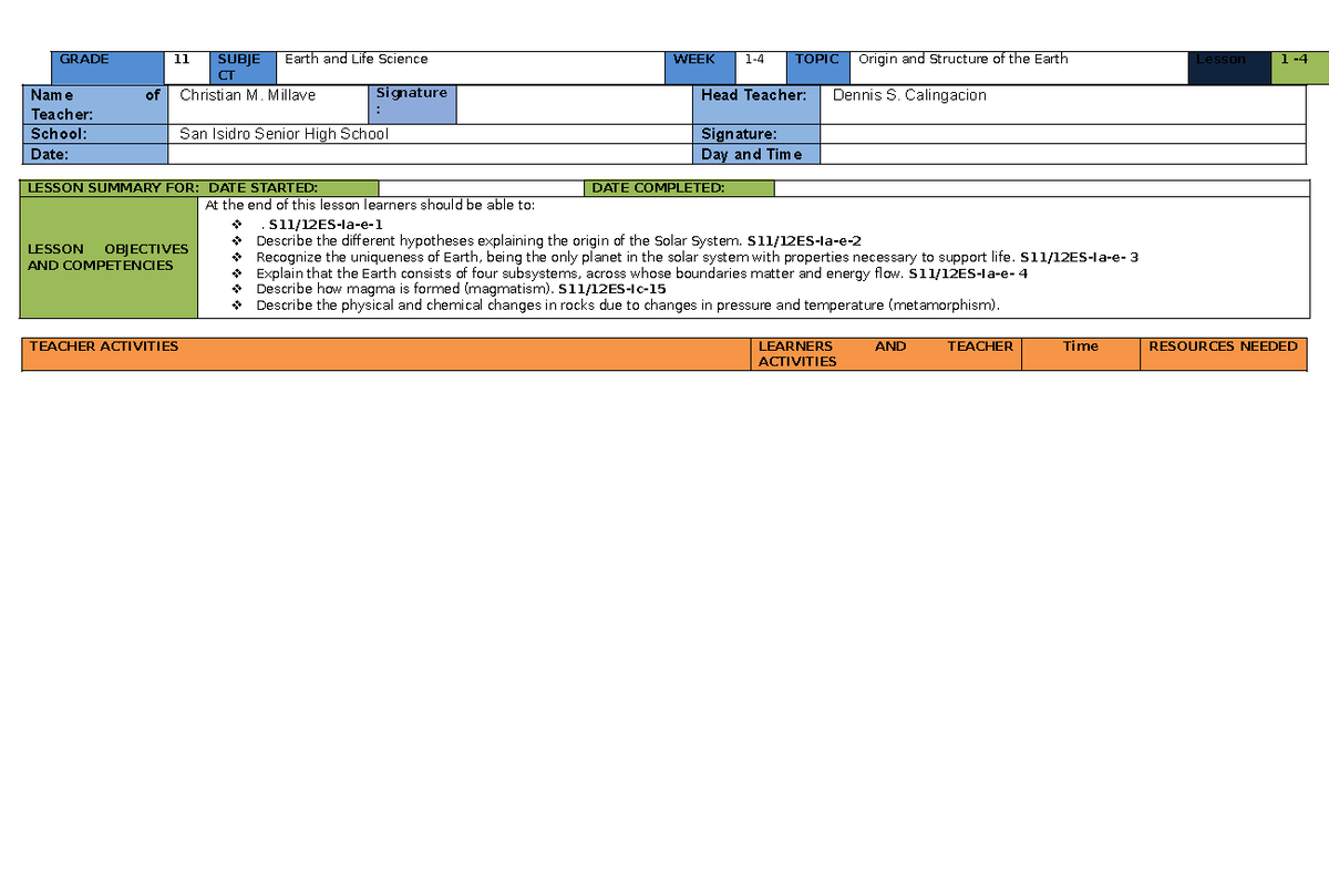 Earth and Life Sciences G11: Weeks 1-4 Lesson Plan and Activities - Studocu
