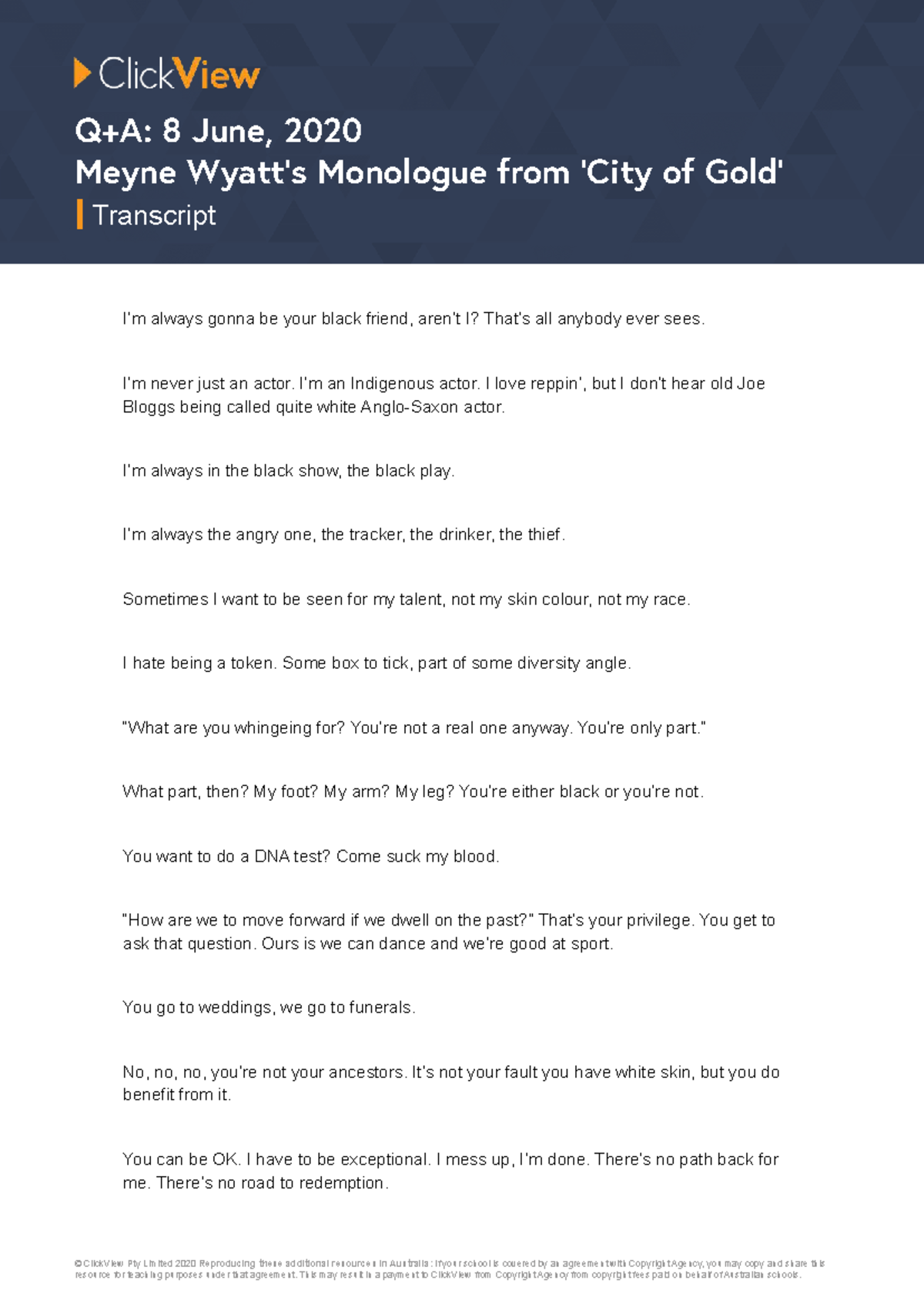 Transcript - Meyne Wyatt's Monologue from City of Gold - Studocu