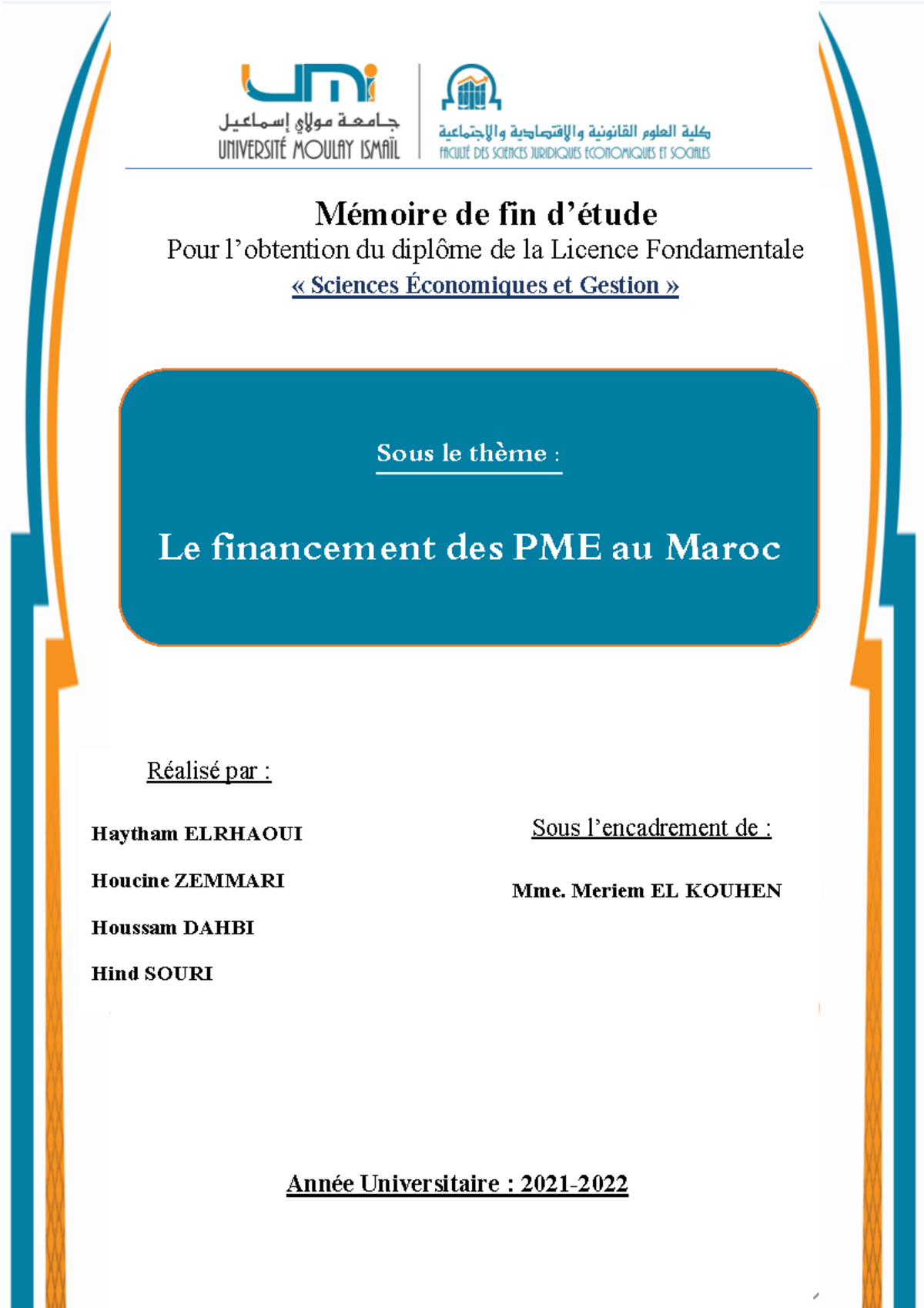 Mémoire de Fin d'Études : Financement des PME au Maroc (Licence en Économie) - Studocu