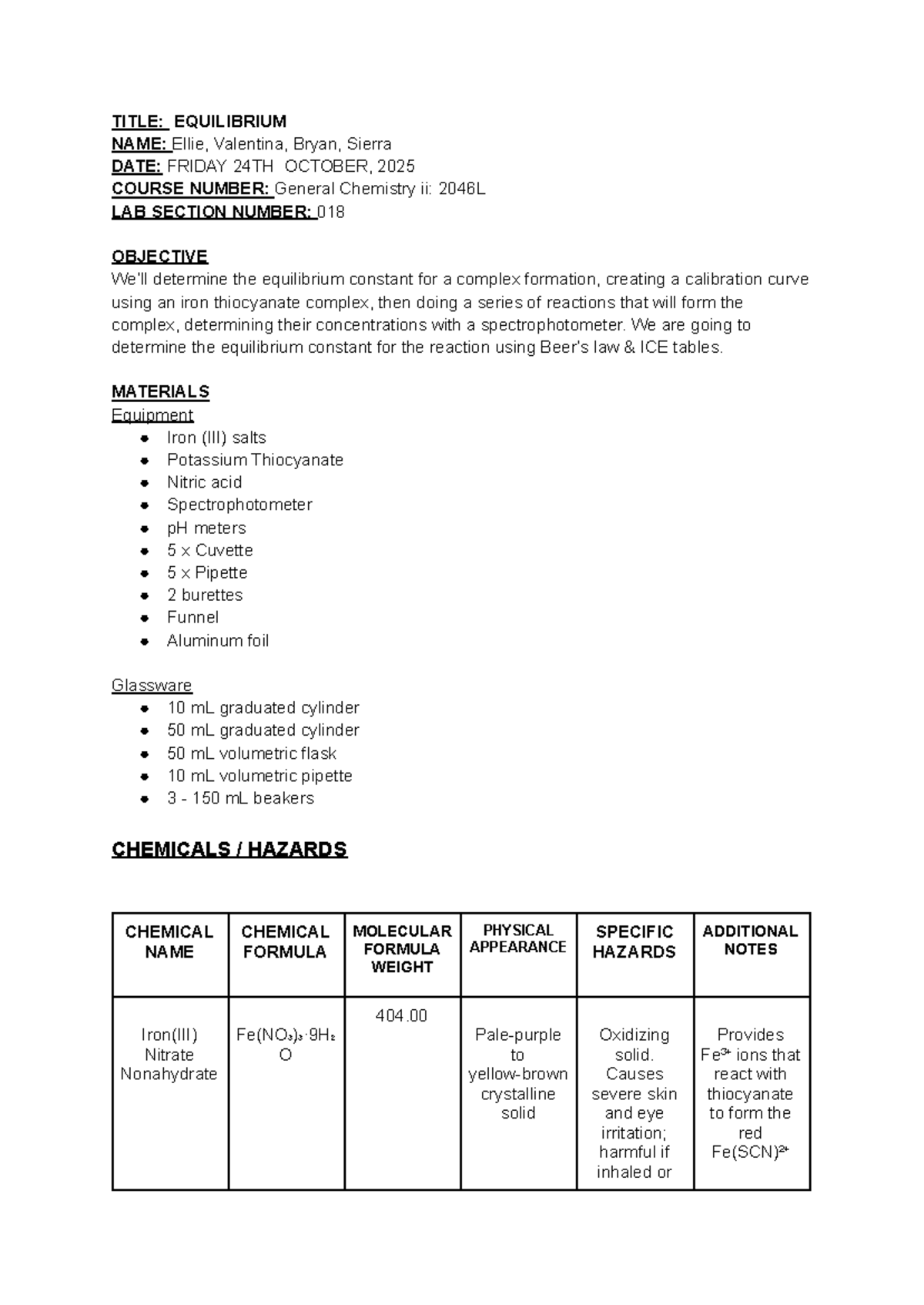 Equilibrium Pre-Lab Report for General Chemistry II 2046L - Studocu