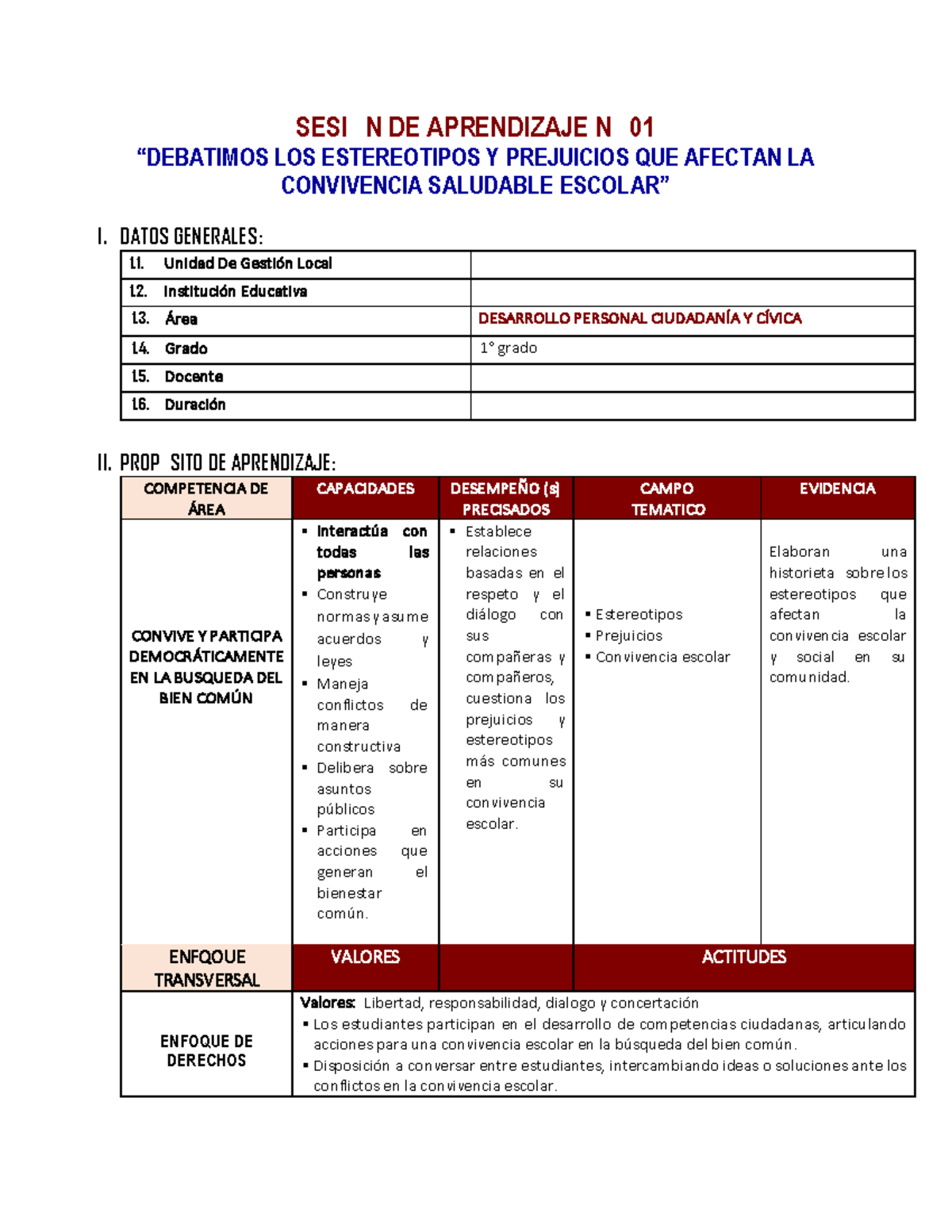 1. Sesión N 01 - UNI - Sesion de DPCC - SESIÓN DE APRENDIZAJE N° 01 “DEBATIMOS LOS ESTEREOTIPOS ...