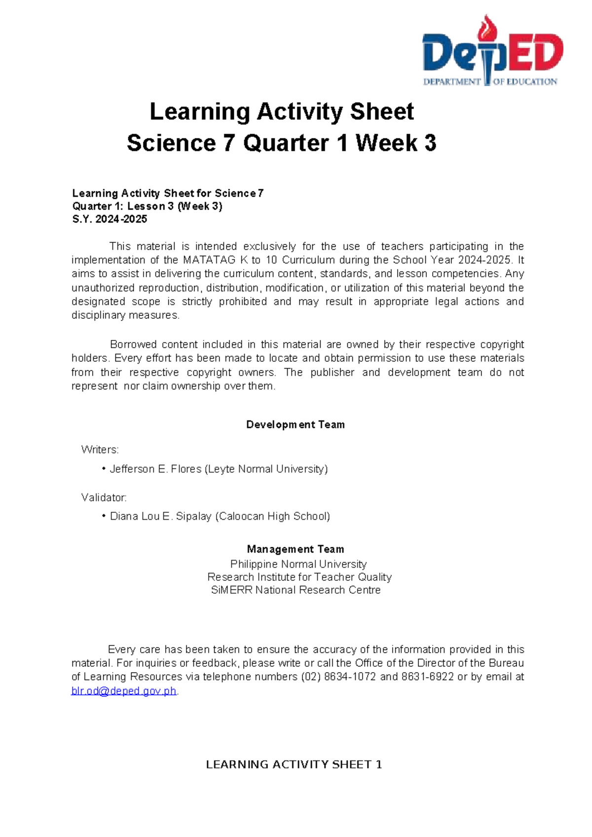 Learning Activity Sheet: Science 7 Q1 Week 3 - States of Matter - Studocu
