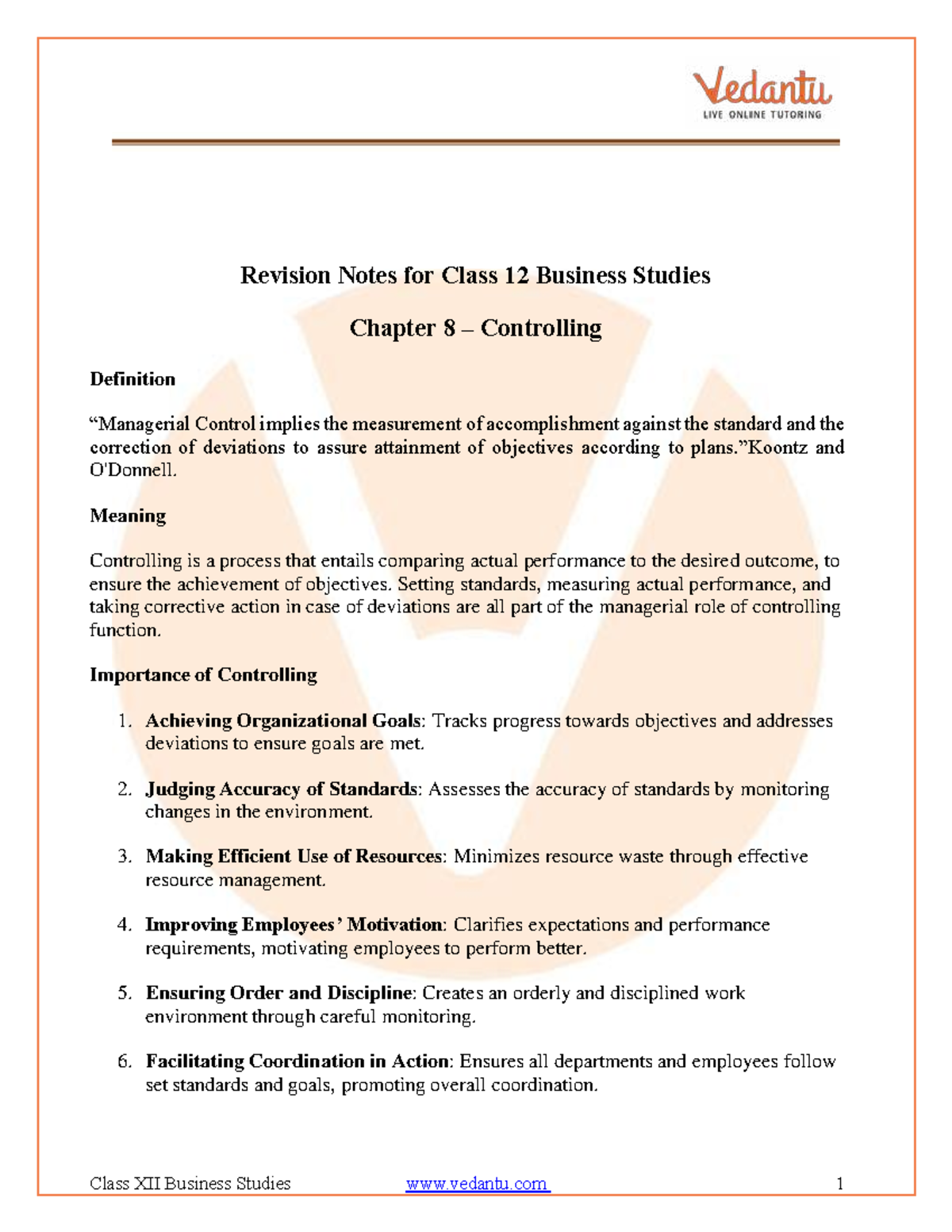 Class 12 Business Studies: Chapter 8 Controlling Revision Notes - Studocu