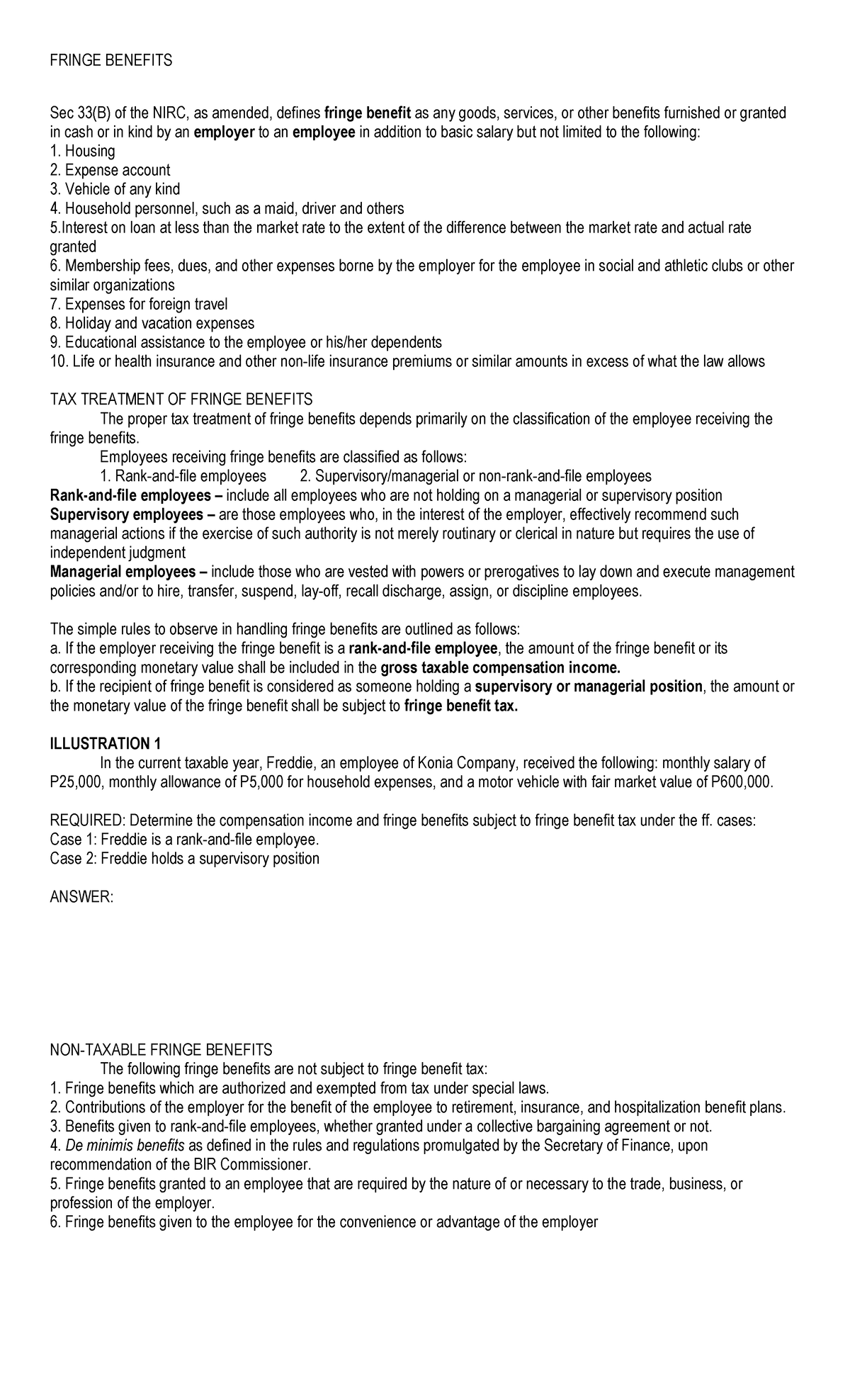 Fringe Benefits Tax Treatment and Guidelines (105534) - Studocu