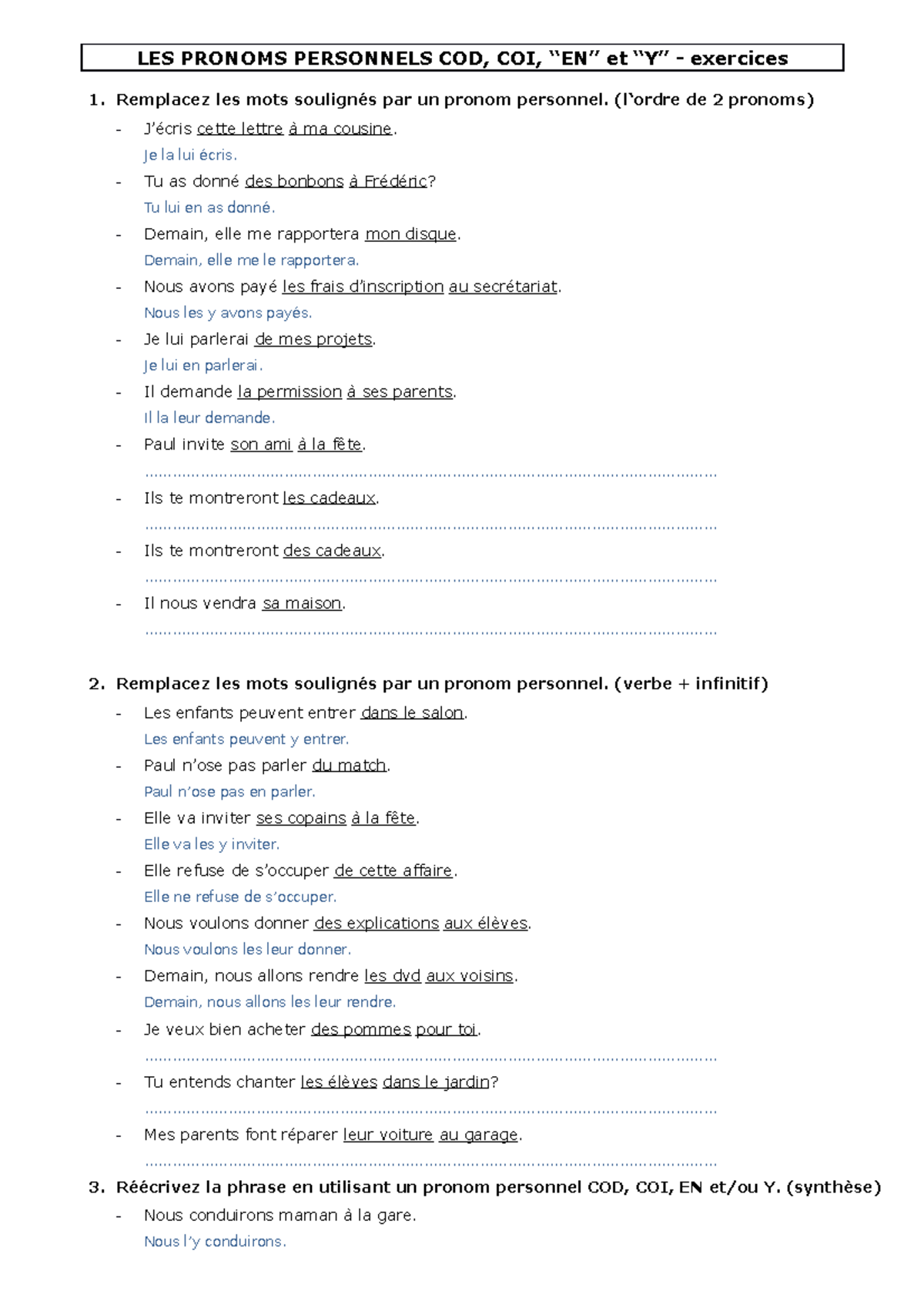 Les pronoms personnels COD, COI, EN et Y 2122 - exercices - LES PRONOMS ...