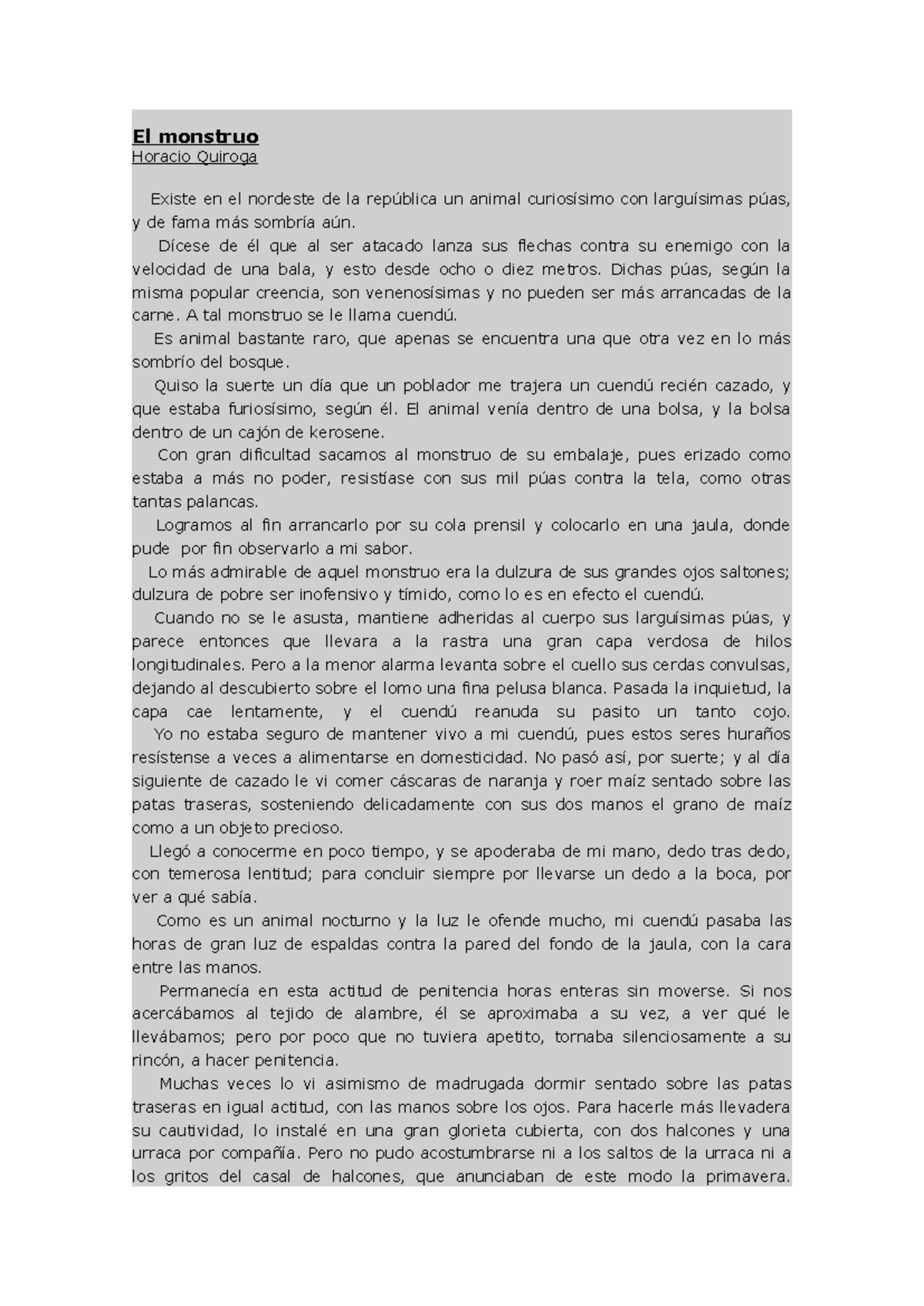 El monstruo cuendú en "El monstruo" de Horacio Quiroga - Comprensión ...