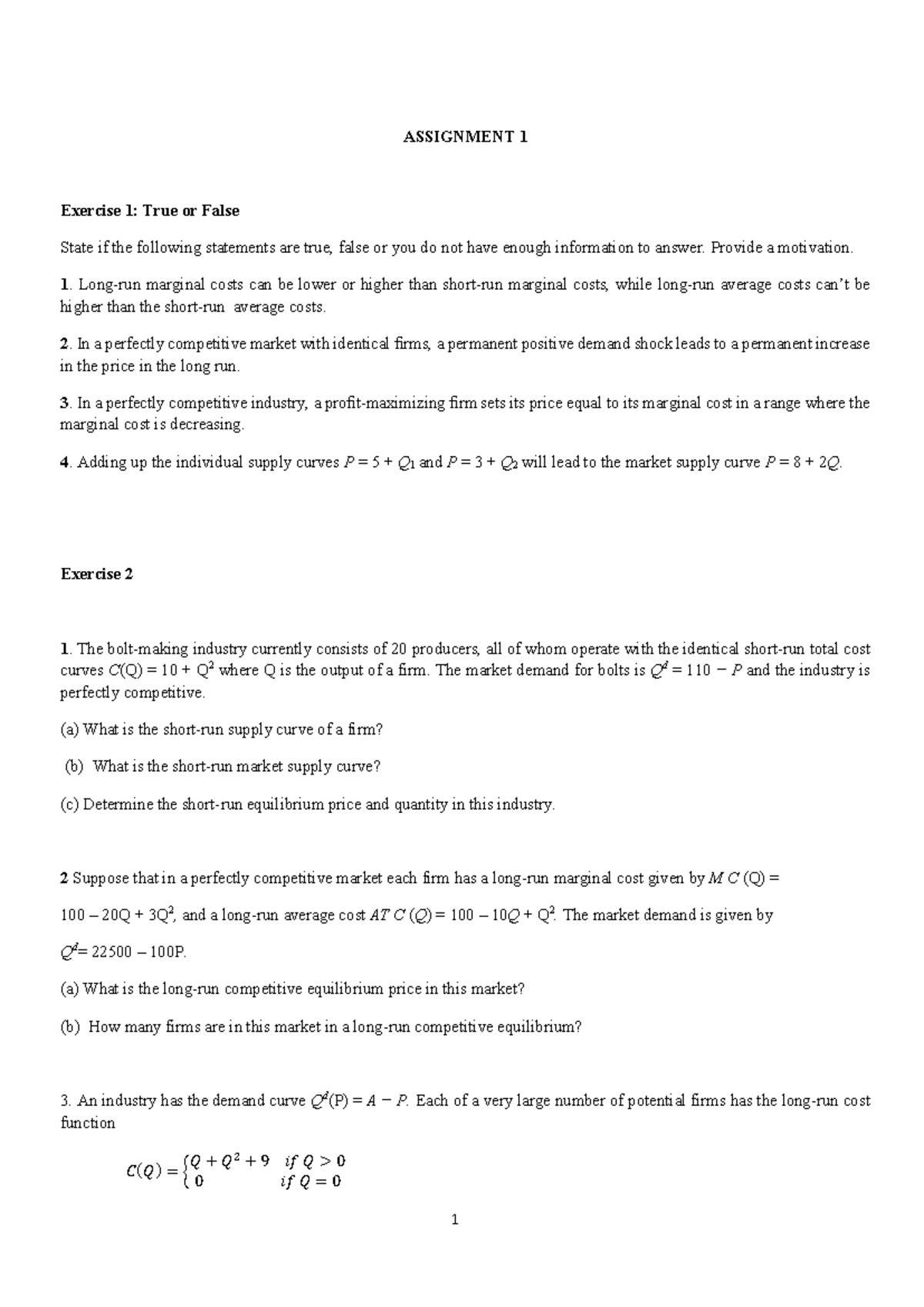 Assignment 1: True/False & Market Equilibrium Analysis - Studocu